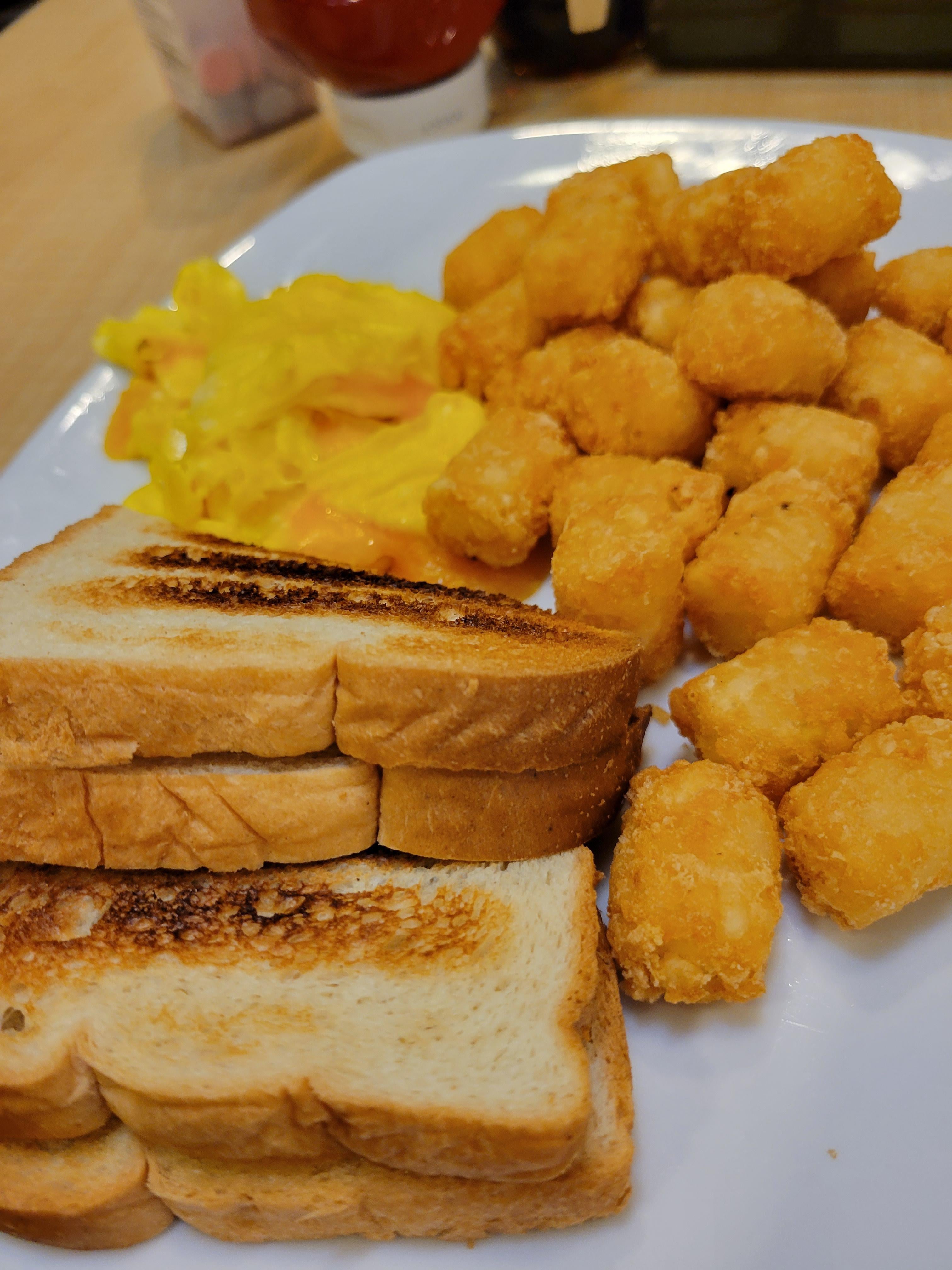 My favorite Perkins breakfast. Toast, tater tots and cheesy eggs ...