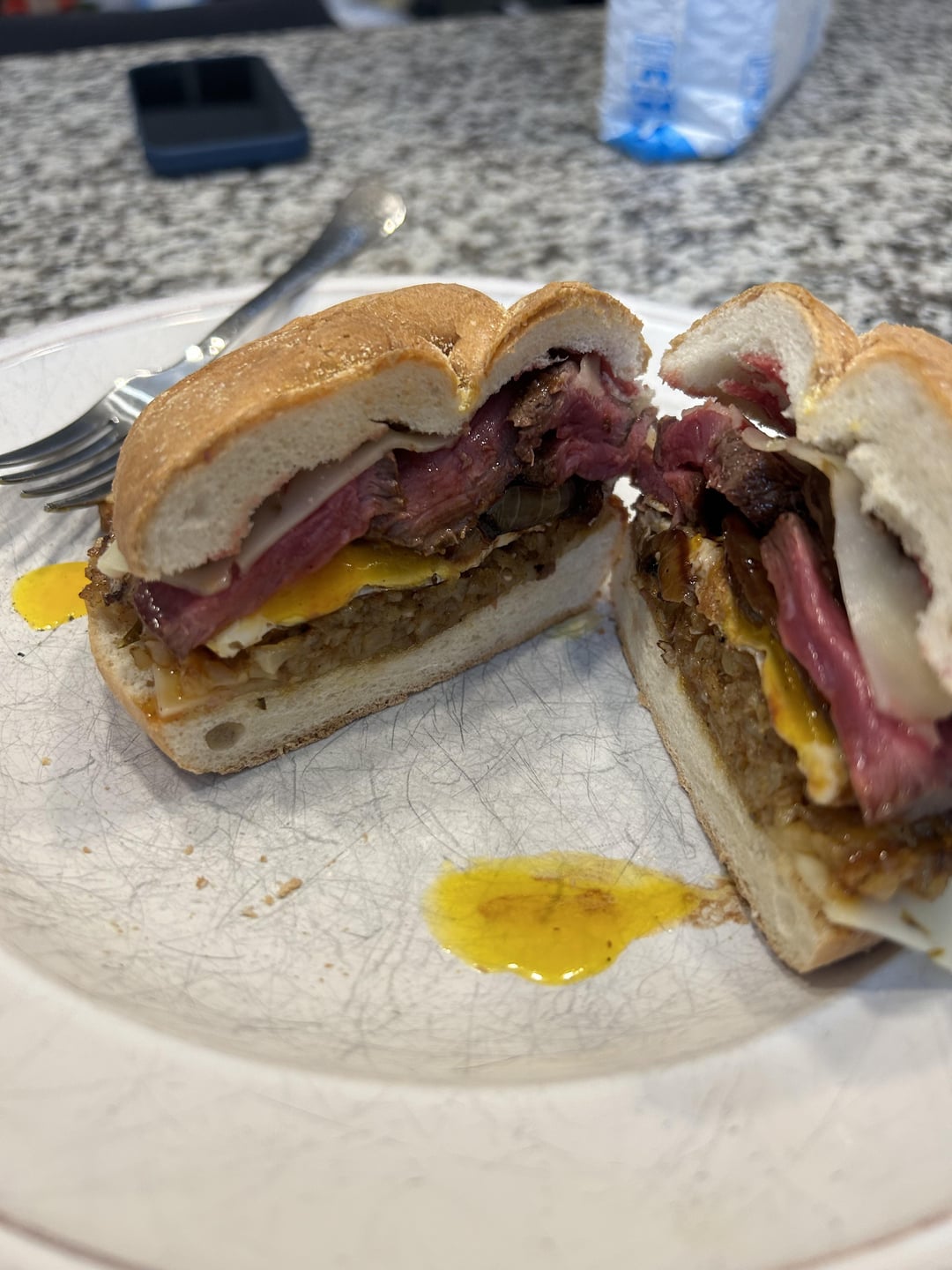 Breakfast Sammy’s again for father and I! Steak eggs hasbrowns onions ...