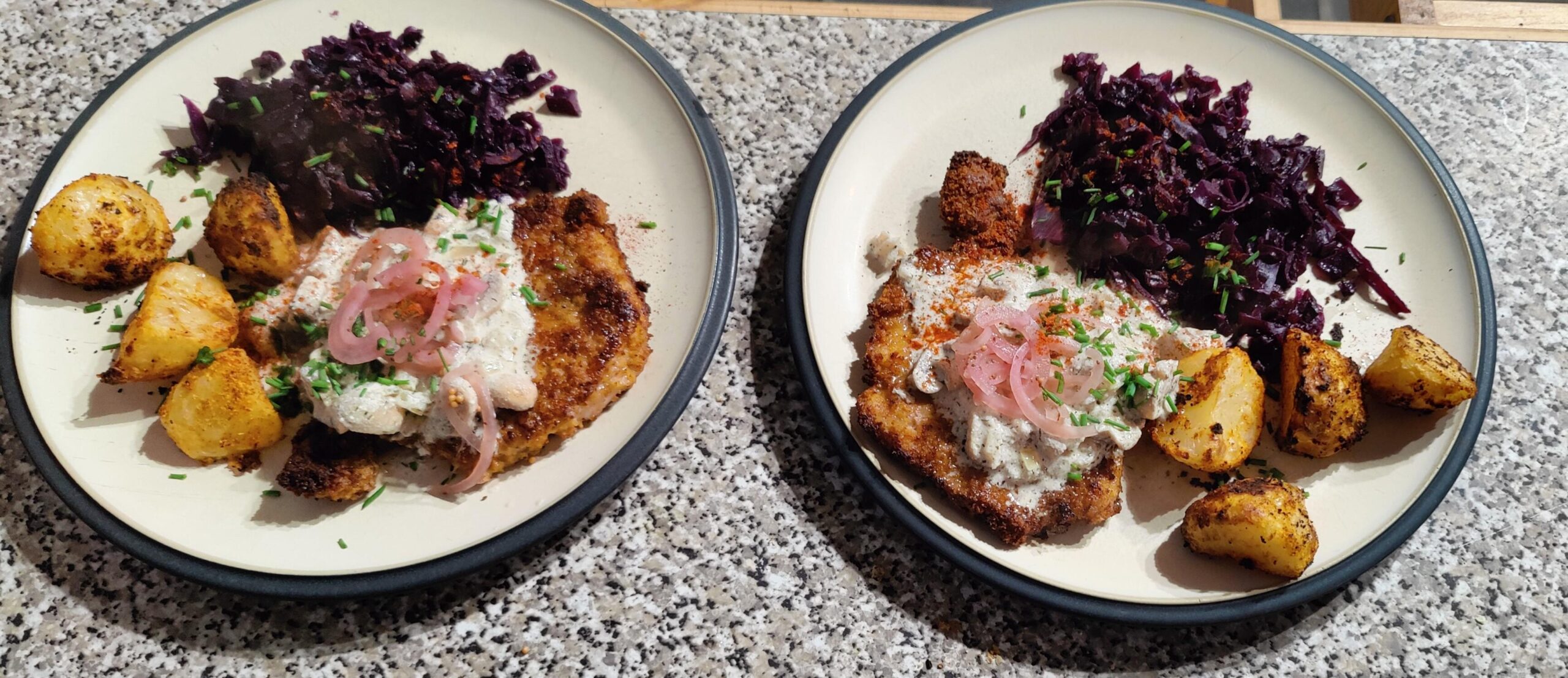 Jaeger Schnitzel, Roast Potatoes, Festive Cabbage. - Dining and Cooking