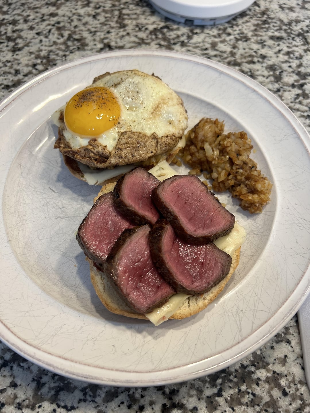 Breakfast Sammy’s again for father and I! Steak eggs hasbrowns onions ...