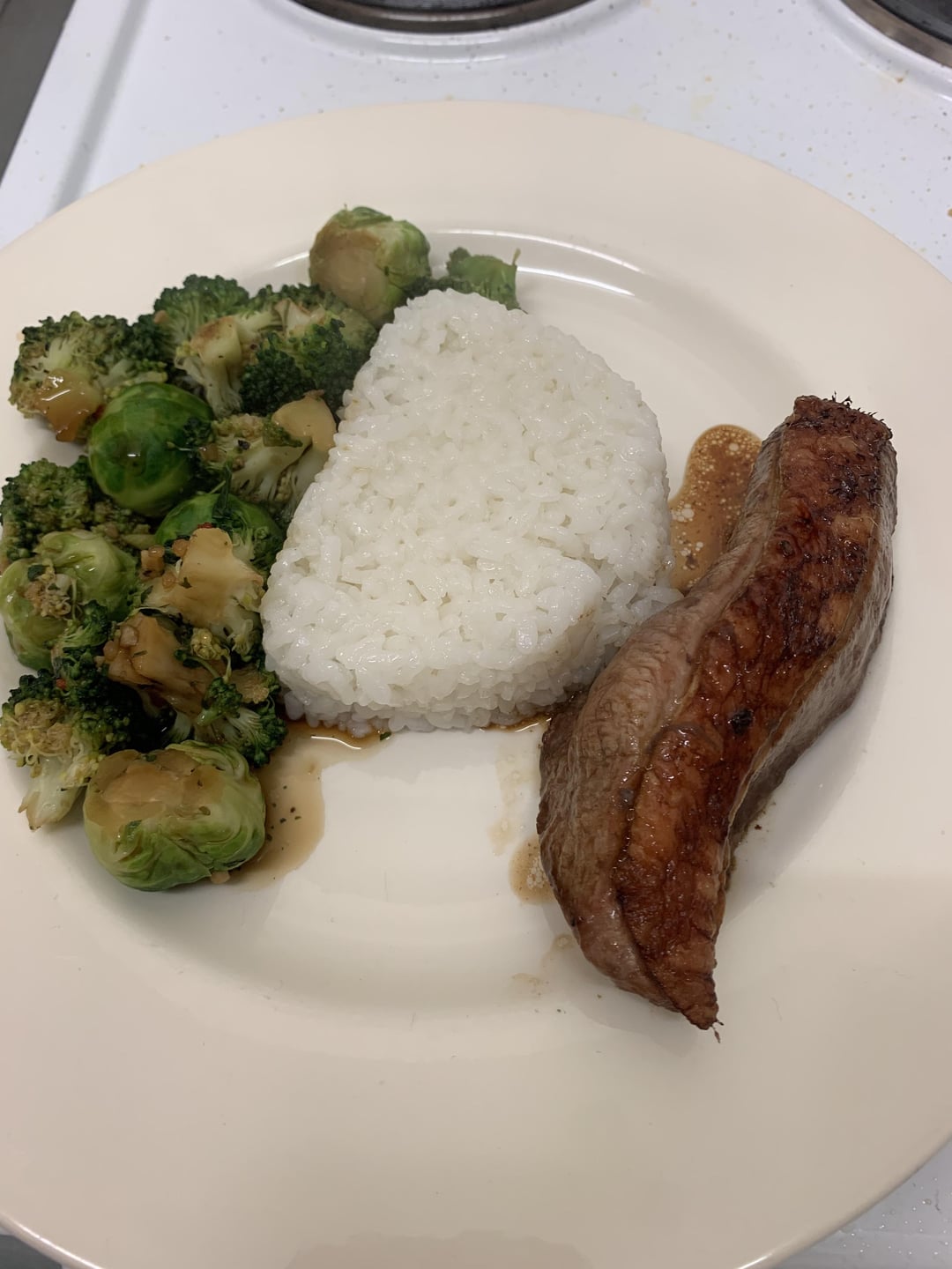 Duck breast, garlic & soy greens, sticky rice - Dining and Cooking