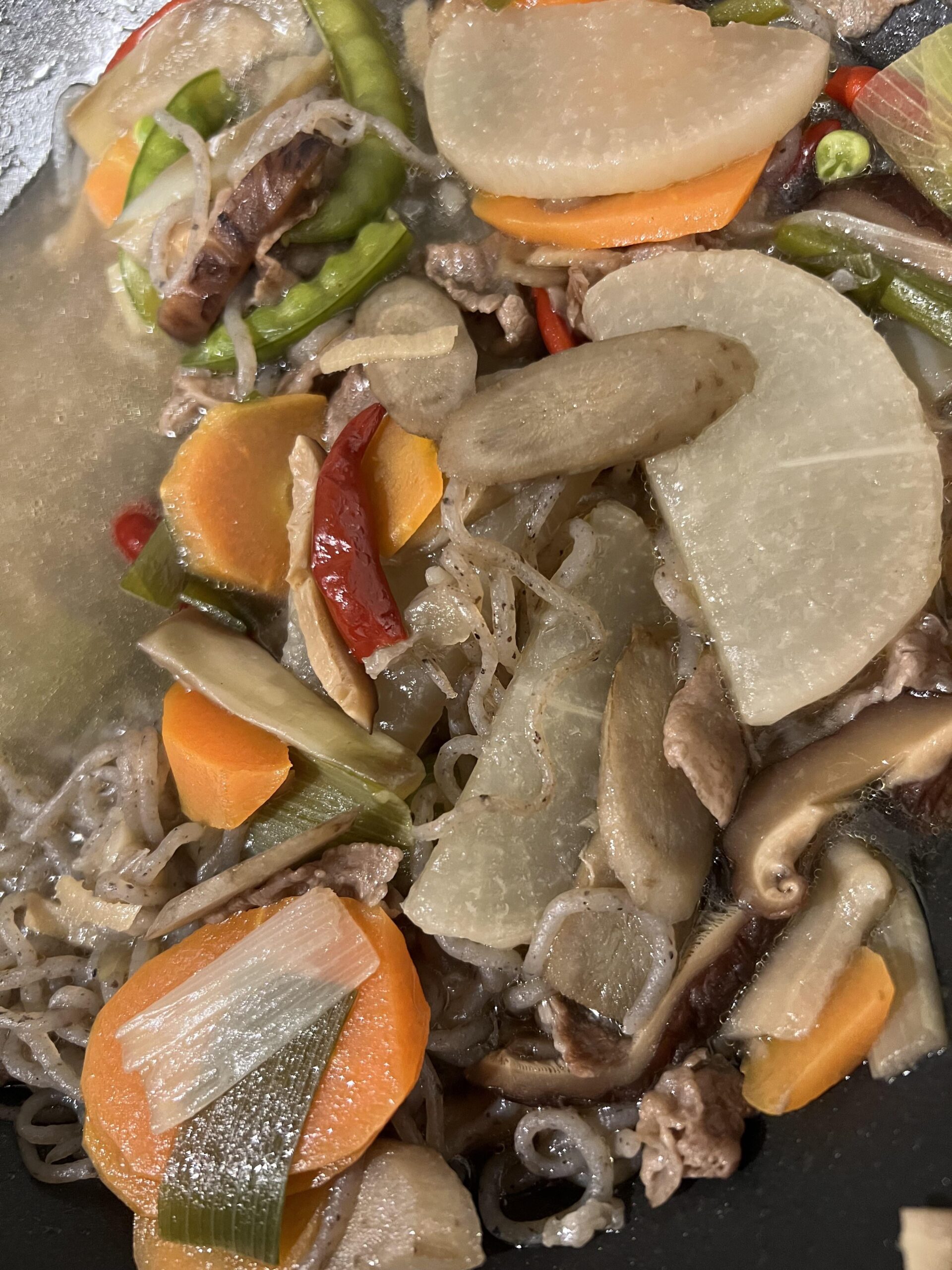 Daikon, beef and vegetables in a sweet soy sauce dashi soup - Dining ...