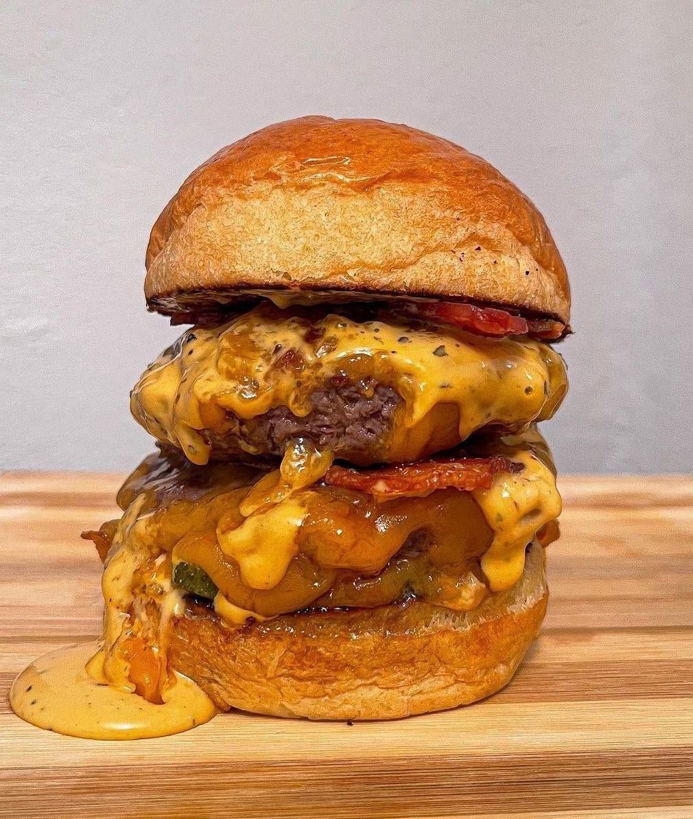 Double beef burger (30% mixed with pork) dry aged, 150 grams each ...