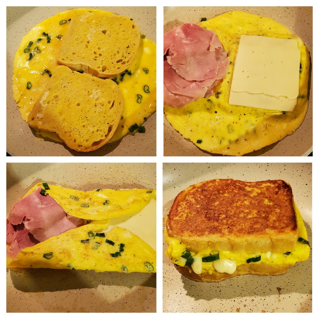 Making a egg toast sandwich with smoked ham and American cheese on ...