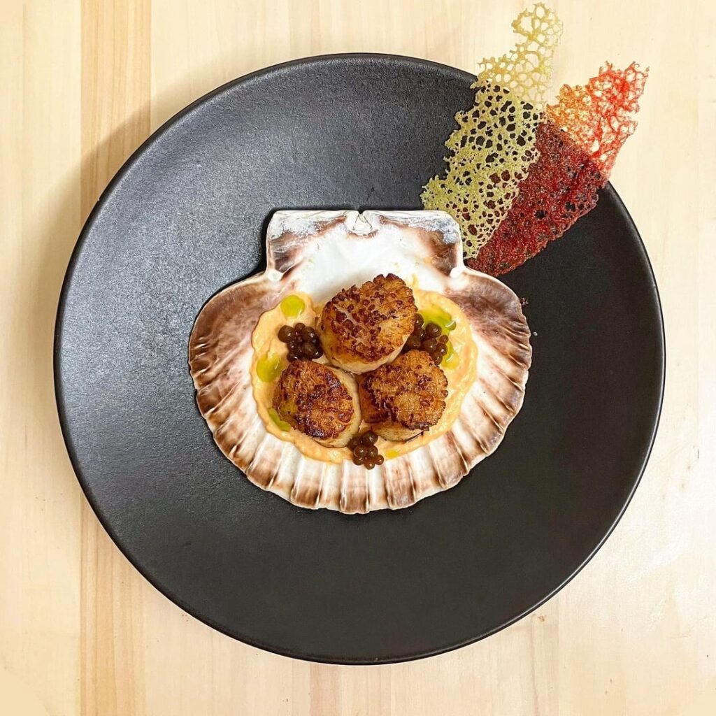Seared Scallops with a Scallop Roe Emulsion, Black Garlic Pearls and ...