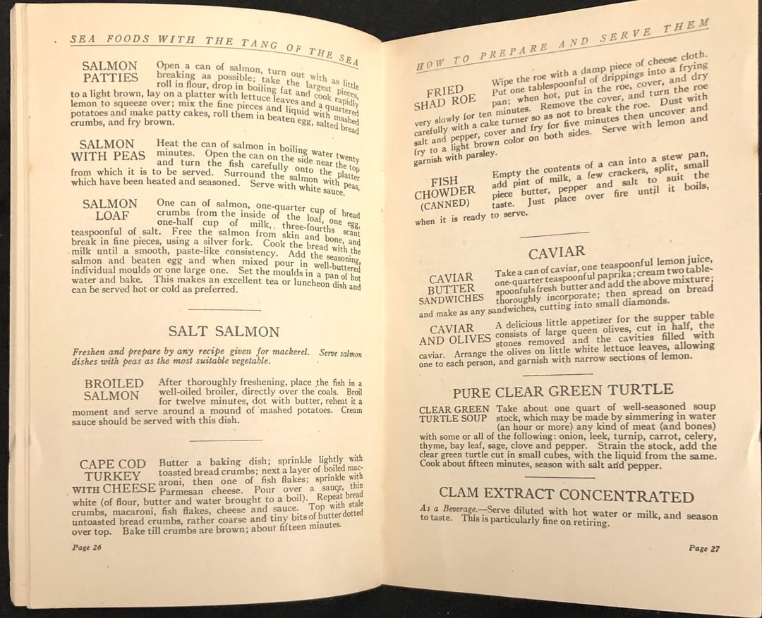 1920s tinned seafood recipe booklet, Davis Gloucester Fish, Massachusetts - Dining and Cooking