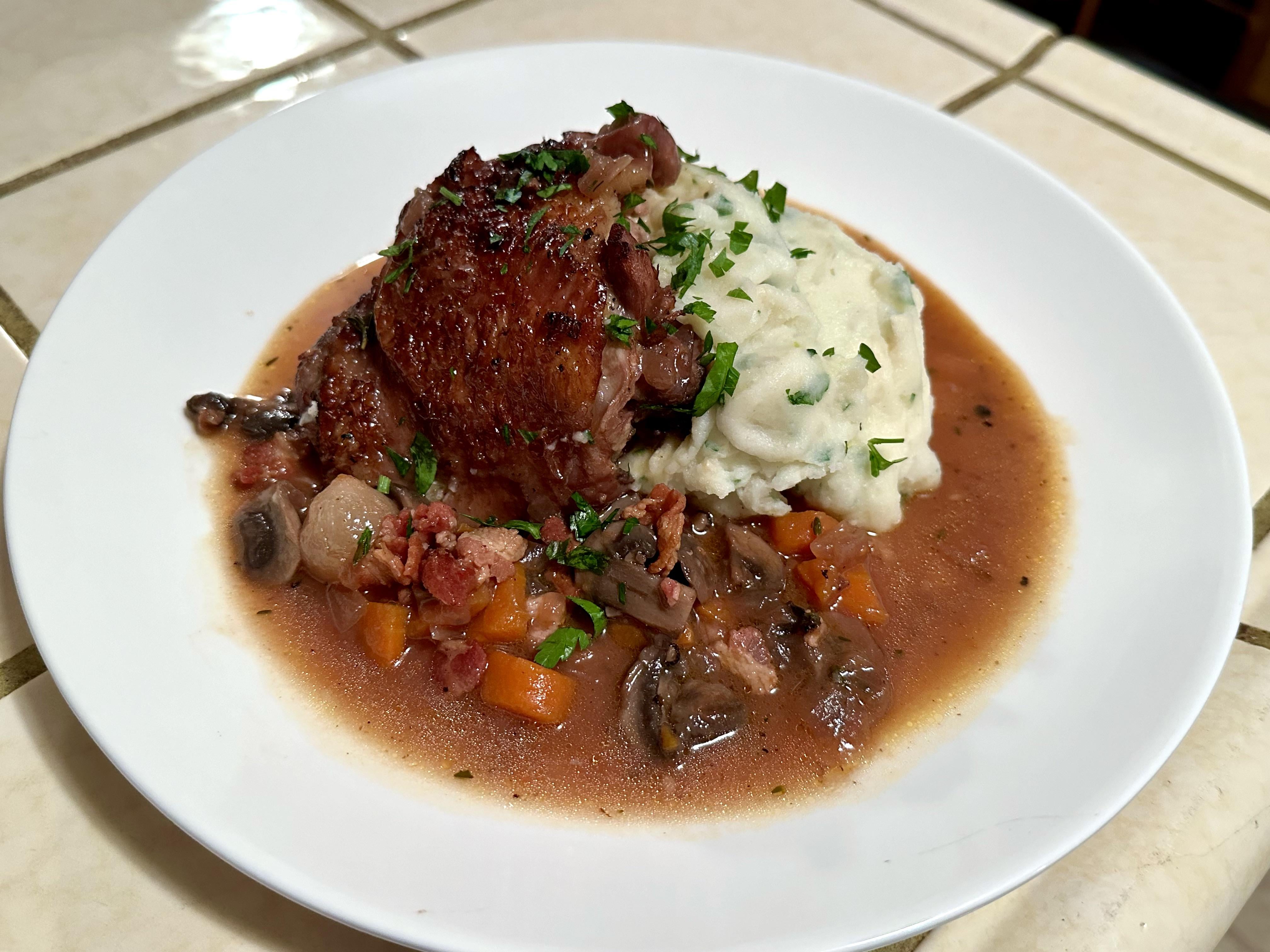 Homemade coq au vin and garlic mashed potatoes! - Dining and Cooking
