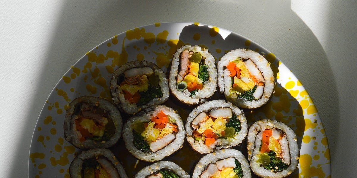 Gimbap filled with marinated pork belly, danmuji, spinach and carrots ...