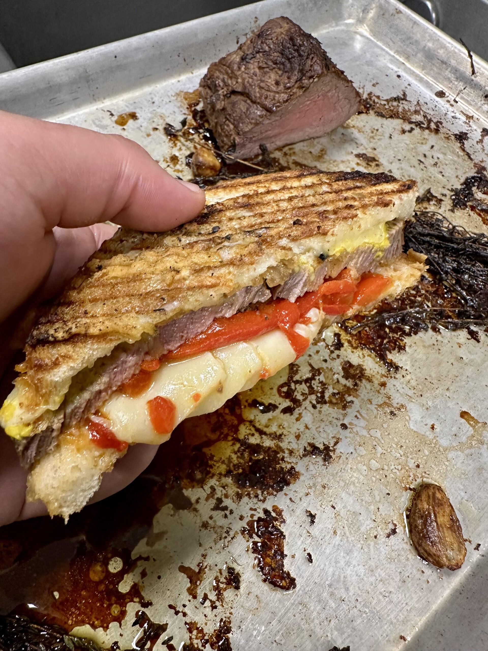 Filet mignon with cheddar cheese, bbq honey mustard, roasted red ...