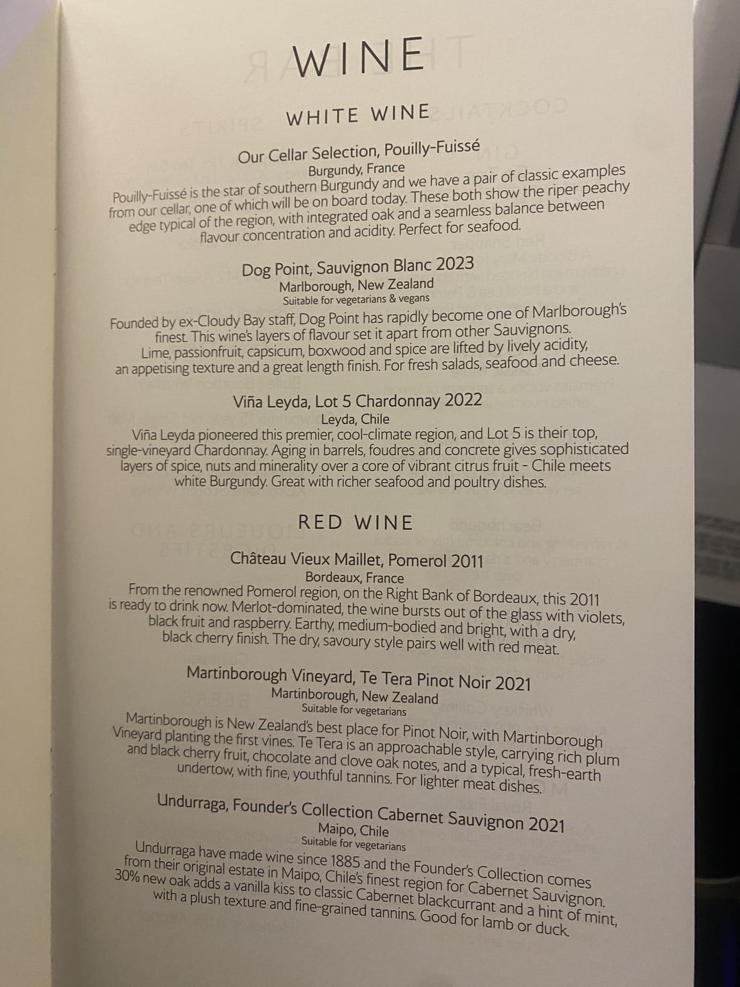 BA first class wine menu - Dining and Cooking