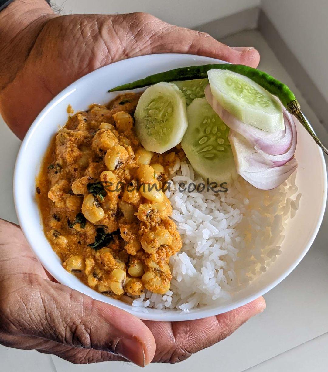 Delicious black eyed peas curry served with boiled rice and a simple ...