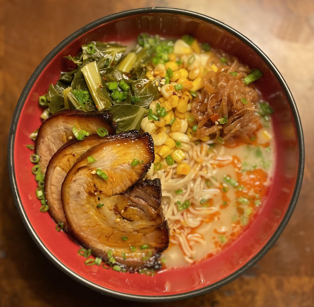 tonkotsu, fresh noodles, chashu pork belly, collards with gochugaru ...