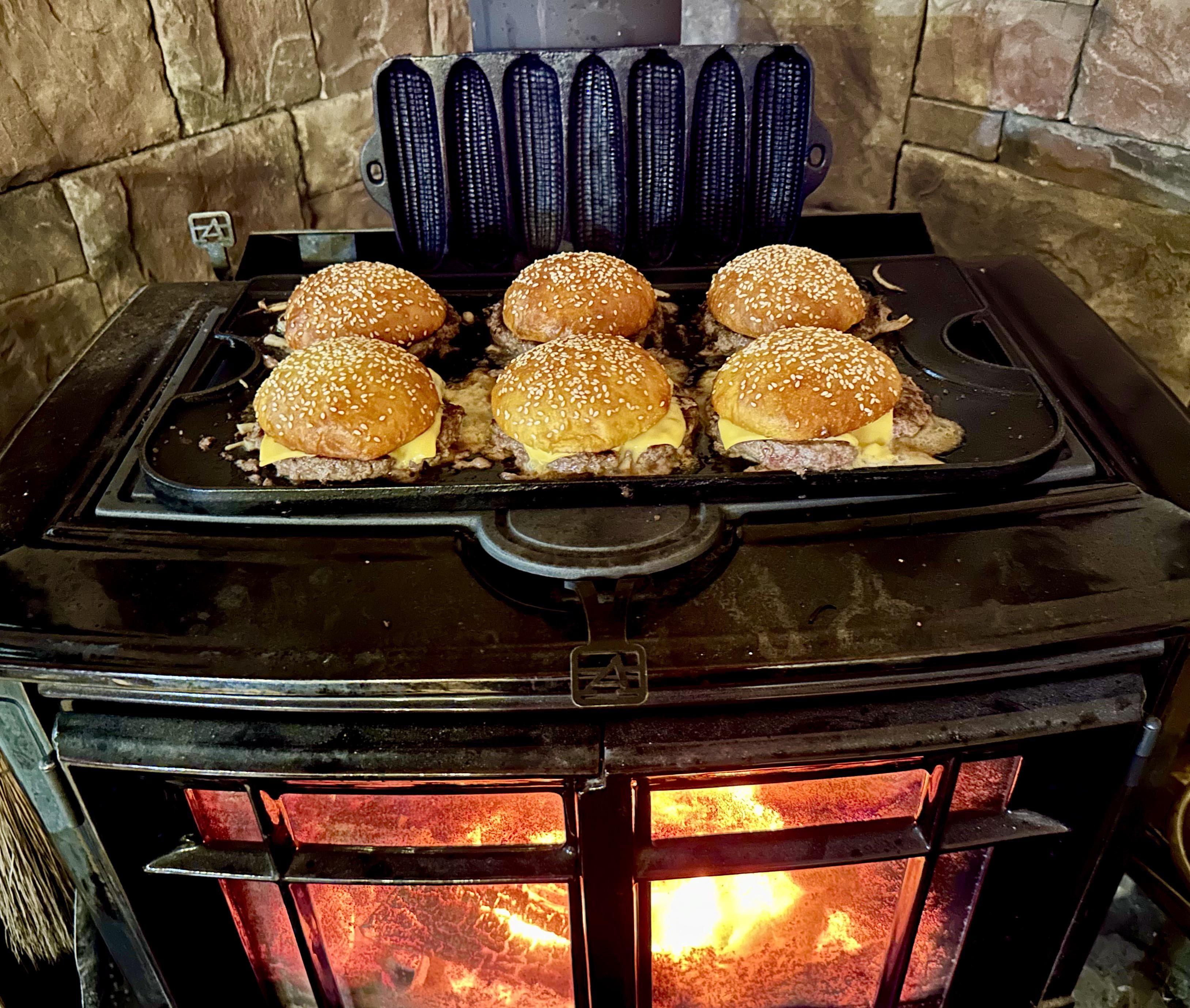 Smash burgers cooked on my wood burning stove with my homemade sweet ...