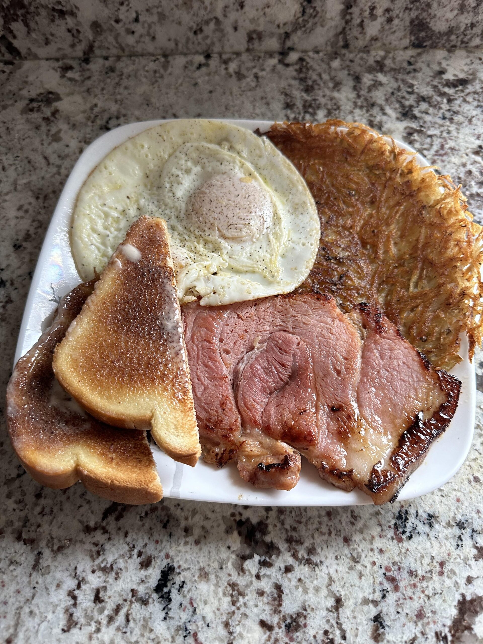 Eggs, Crispy Hashbrowns, Leftover New Years Ham, and Buttered Toast ...