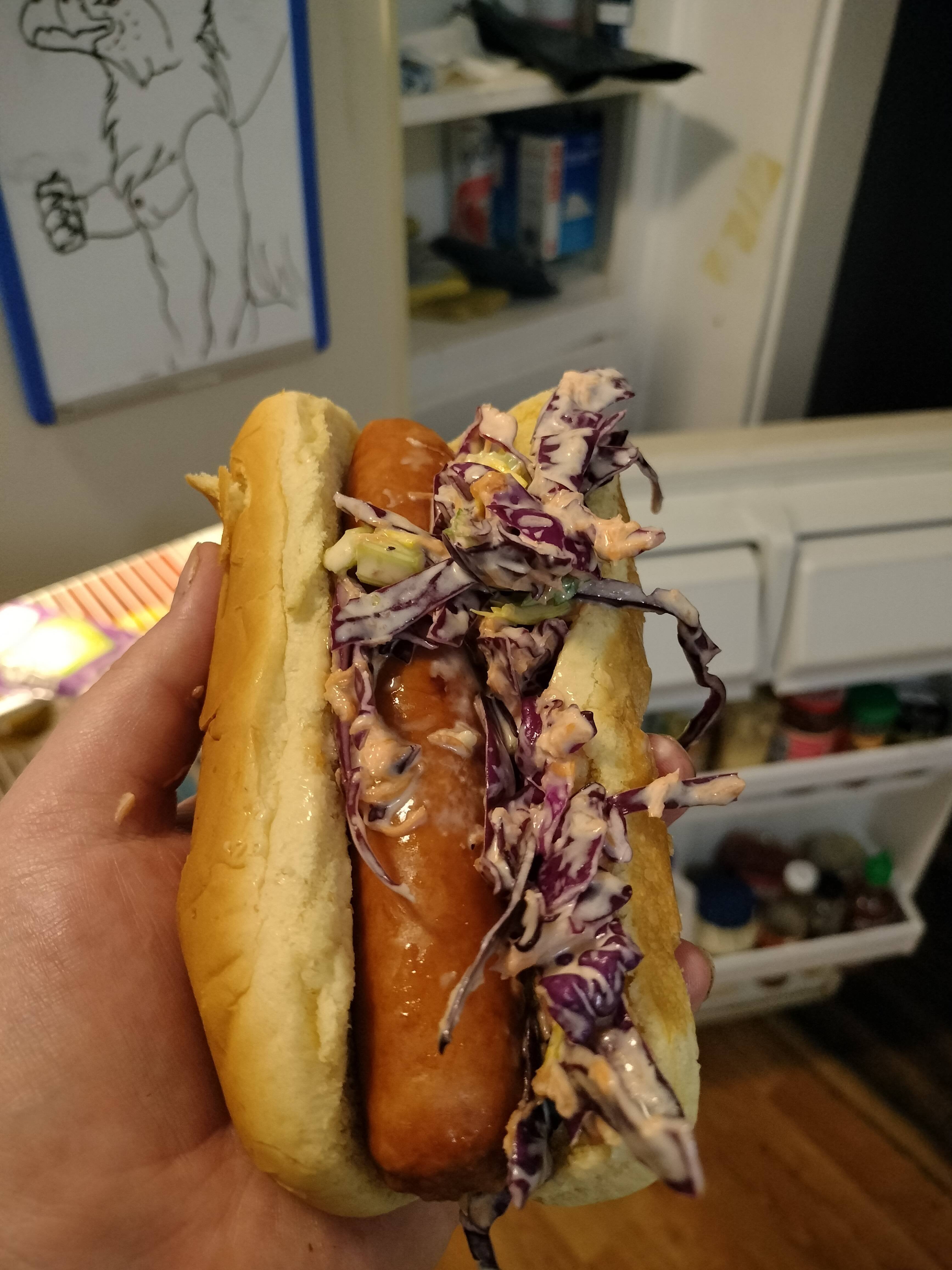 Nuked pork bratwurst with sloppy, fish-sauce coleslaw, eaten over the ...