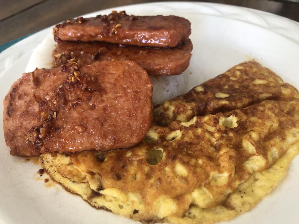 OMNI SPAM and sticky white rice with JUST egg topped in chili garlic ...