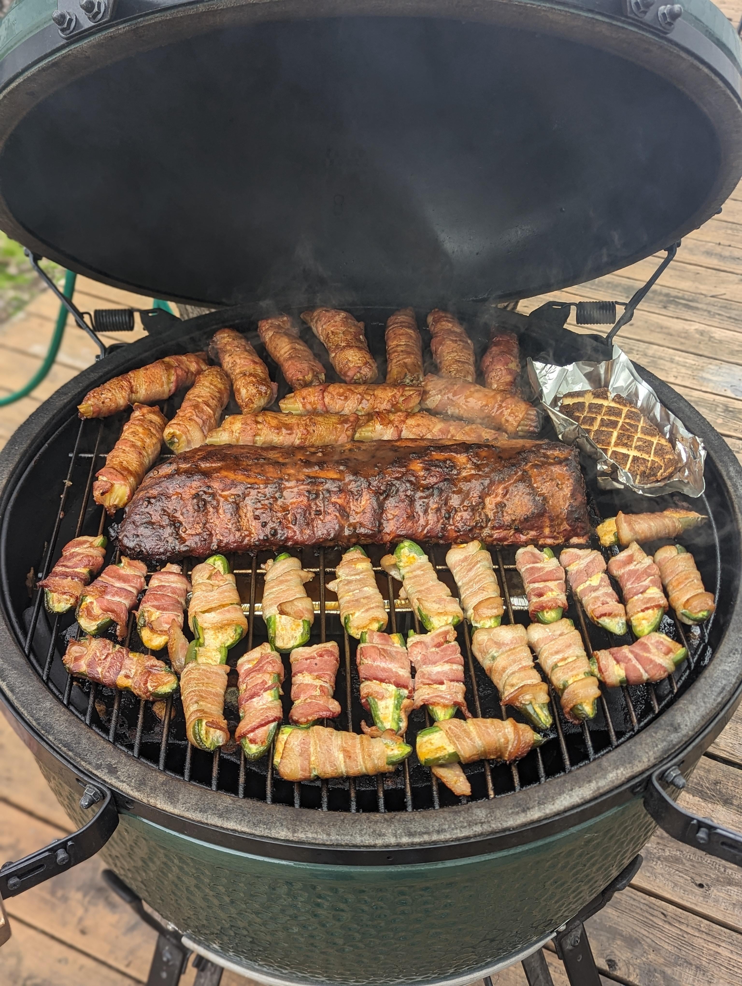 Super bowl spread on the BGE. Ribs, shotgun shells, poppers and smoked ...