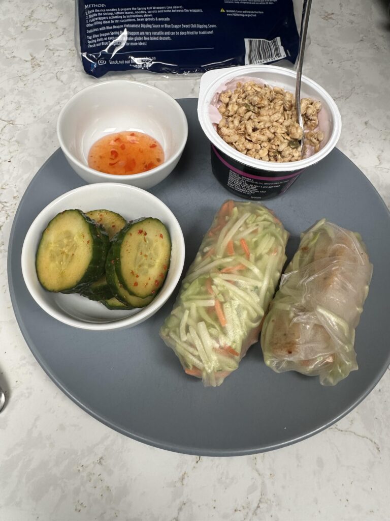 420 calorie lunch. Spring rolls with tofu and broccoli slaw. Cucumber ...