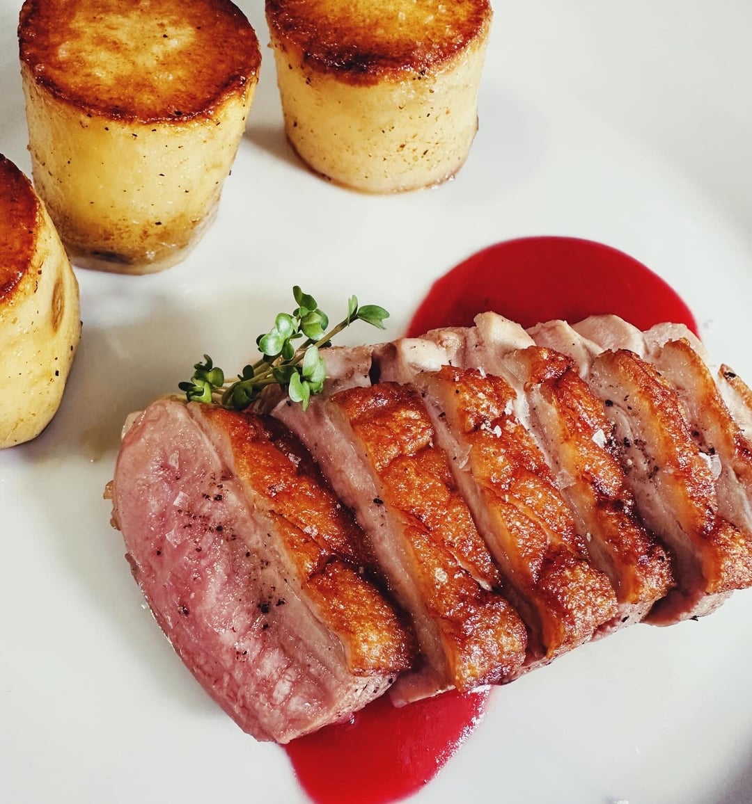 [homemade] seared duck breast, cranberry-orange gastrique, fondant ...