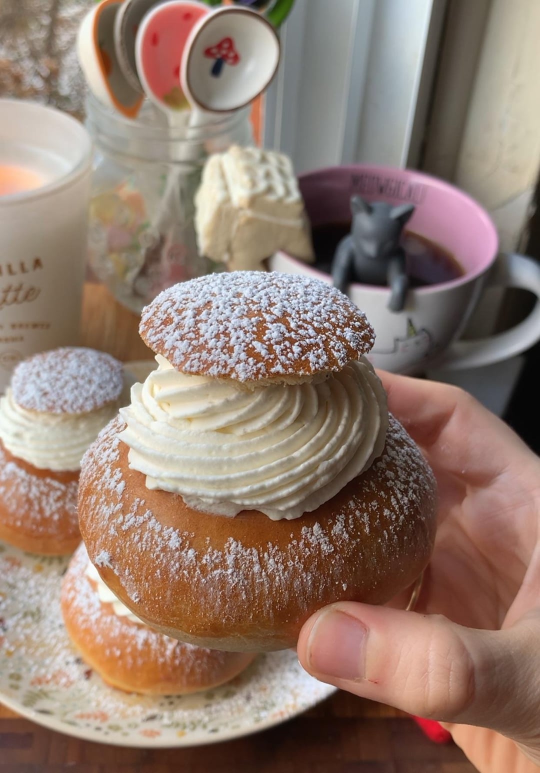 Made an adapted version of Swedish semla buns. Instead of marzipan I ...