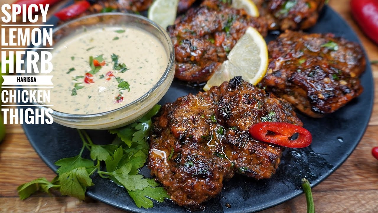 LEMON HERB HARISSA CHICKEN THIGHS AND GREEN SAUCE - Dining and Cooking