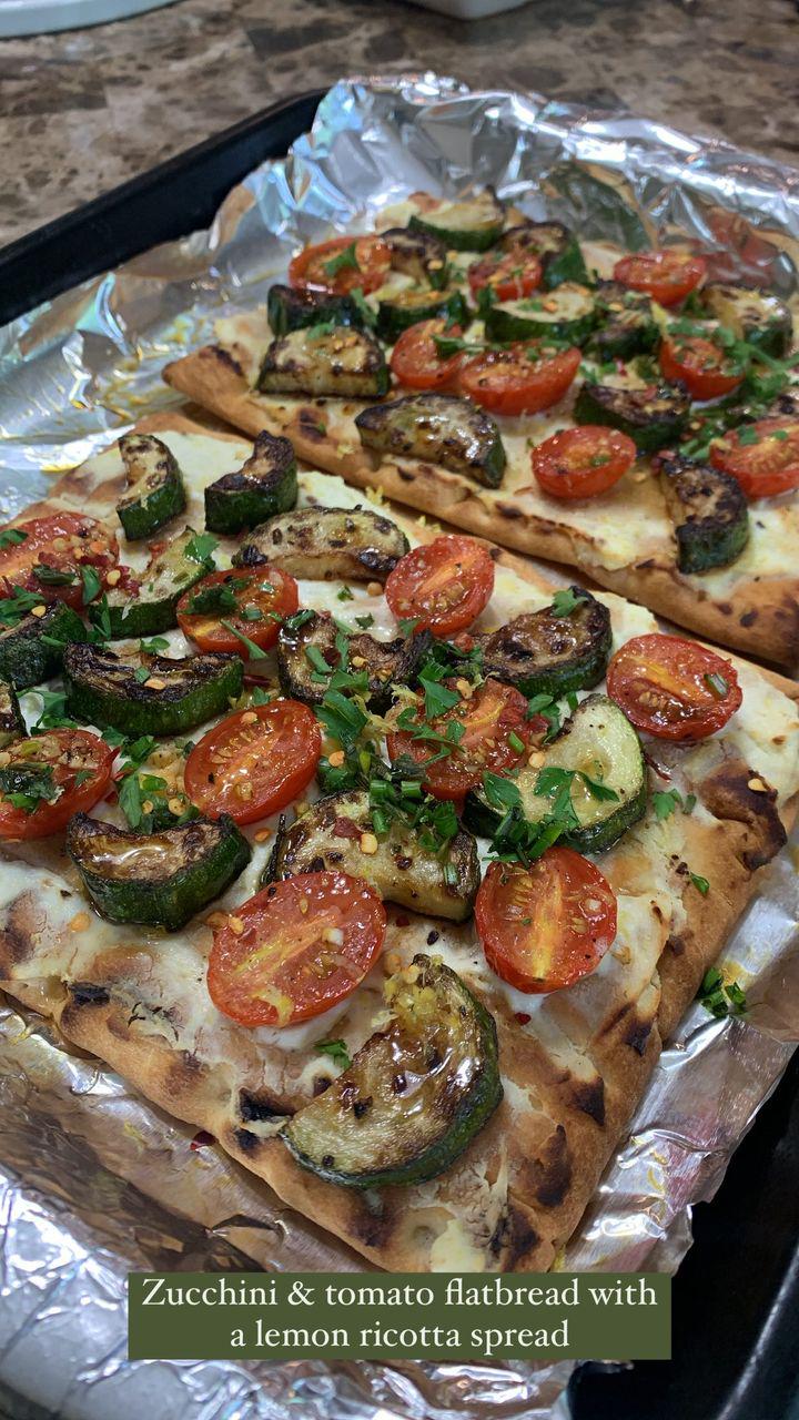 Zucchini & tomato flatbread with lemon ricotta spread - Dining and Cooking