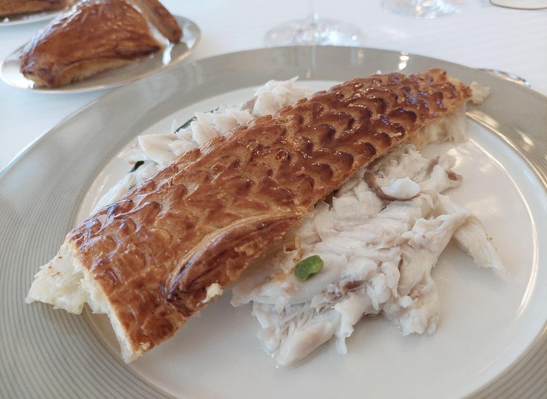 [I ate] sea bass stuffed in a puff pastry shell with choron sauce ...