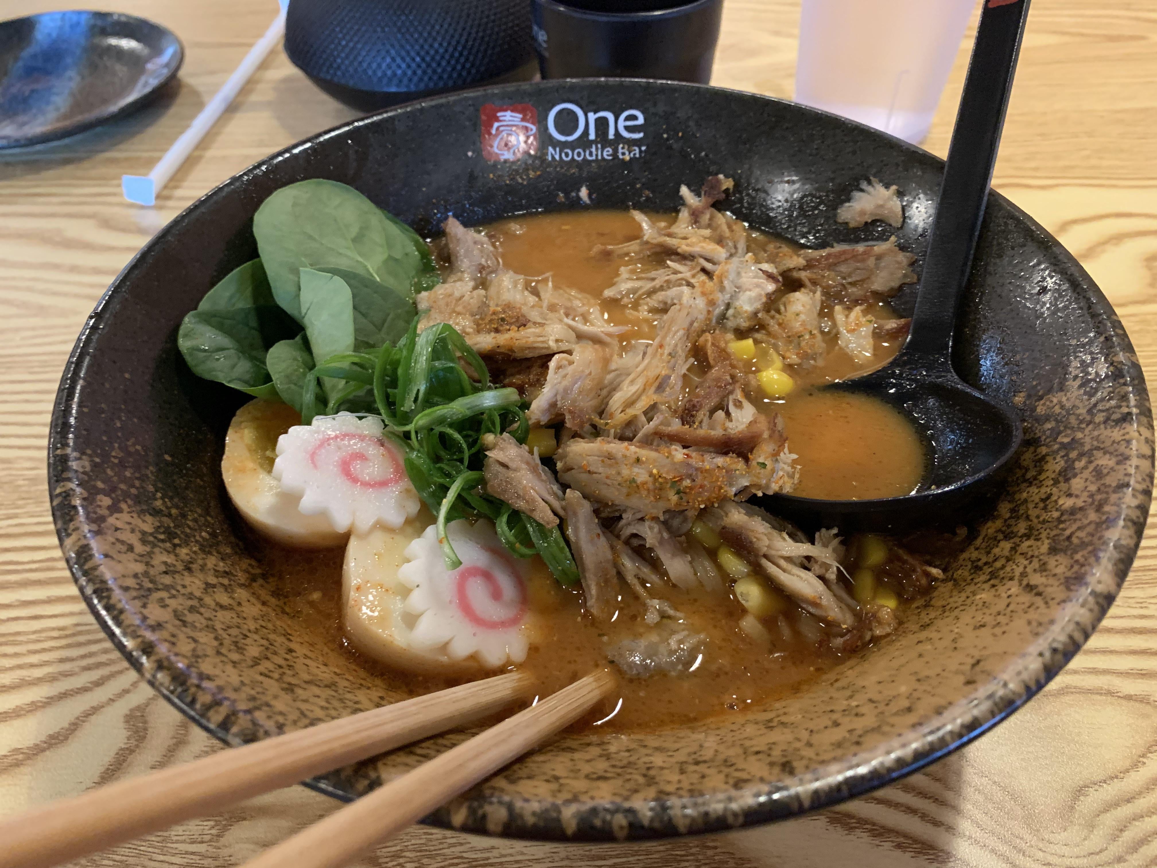 “Yummy Duck” duck confit ramen, spicy miso base. One Noodle Bar, Utah ...