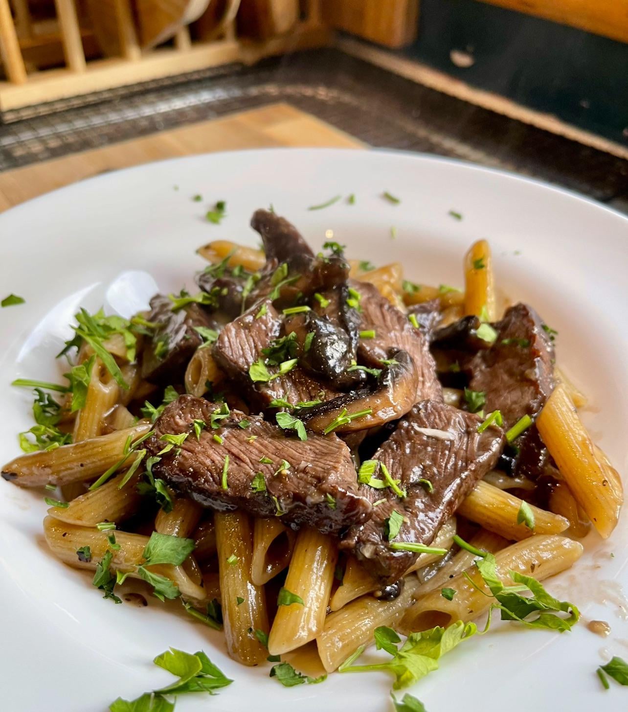 Ostrich & Mushroom Penne in Plum Sauce - Dining and Cooking