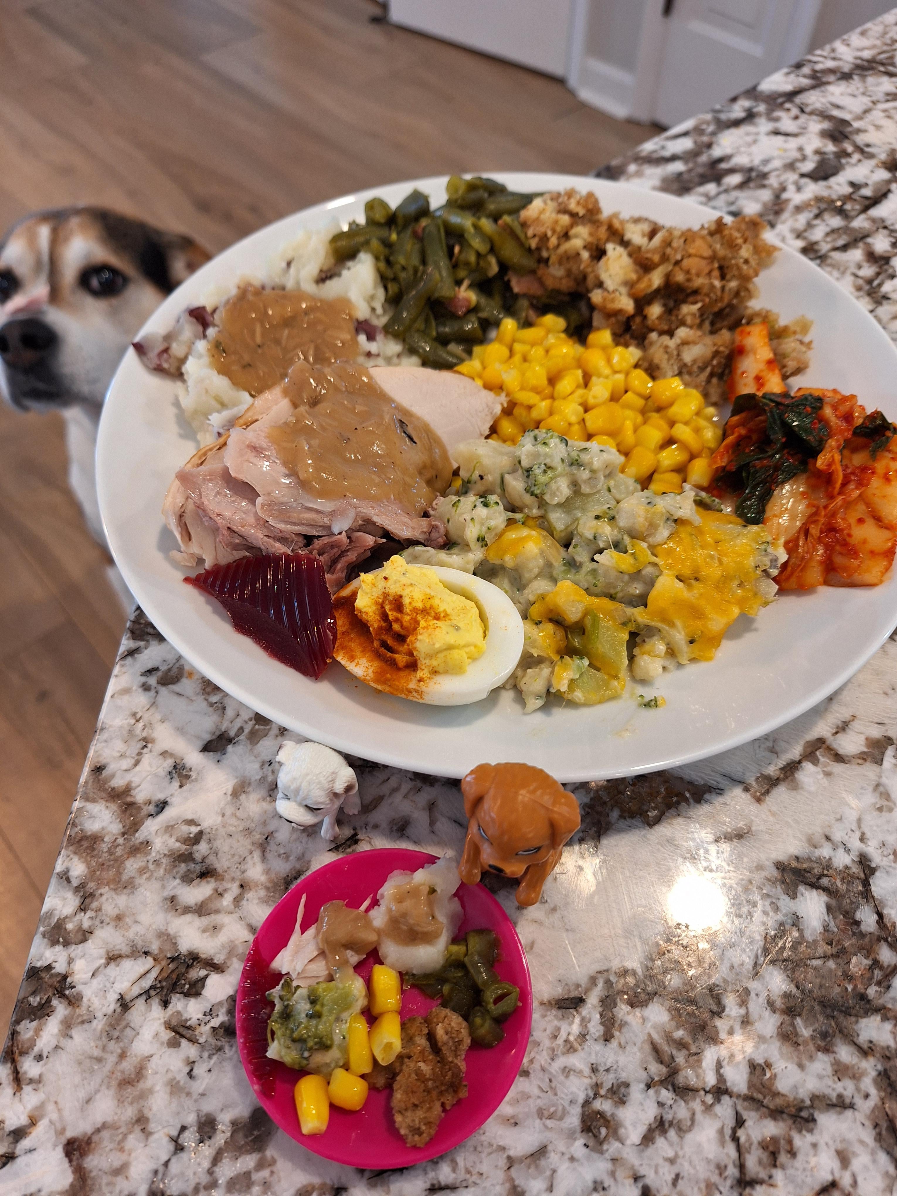 Turkey, mashed potatoes and gravy, green beans, stuffing, kimchi, corn ...