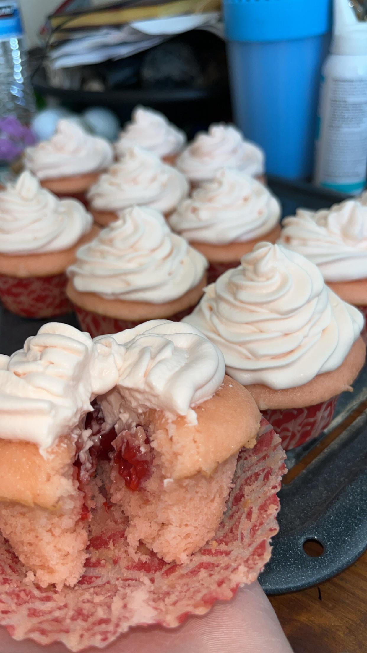 [Homemade] Cherry pie cupcakes with whipped cream frosting that has a ...