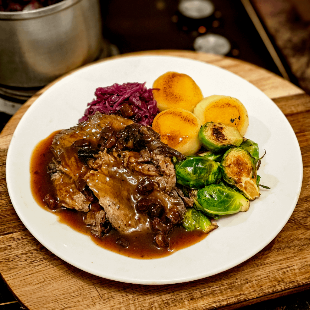 Sauerbraten with kartoffelknödel, rotkohl, and Rosenkohl ("Sour" beef ...