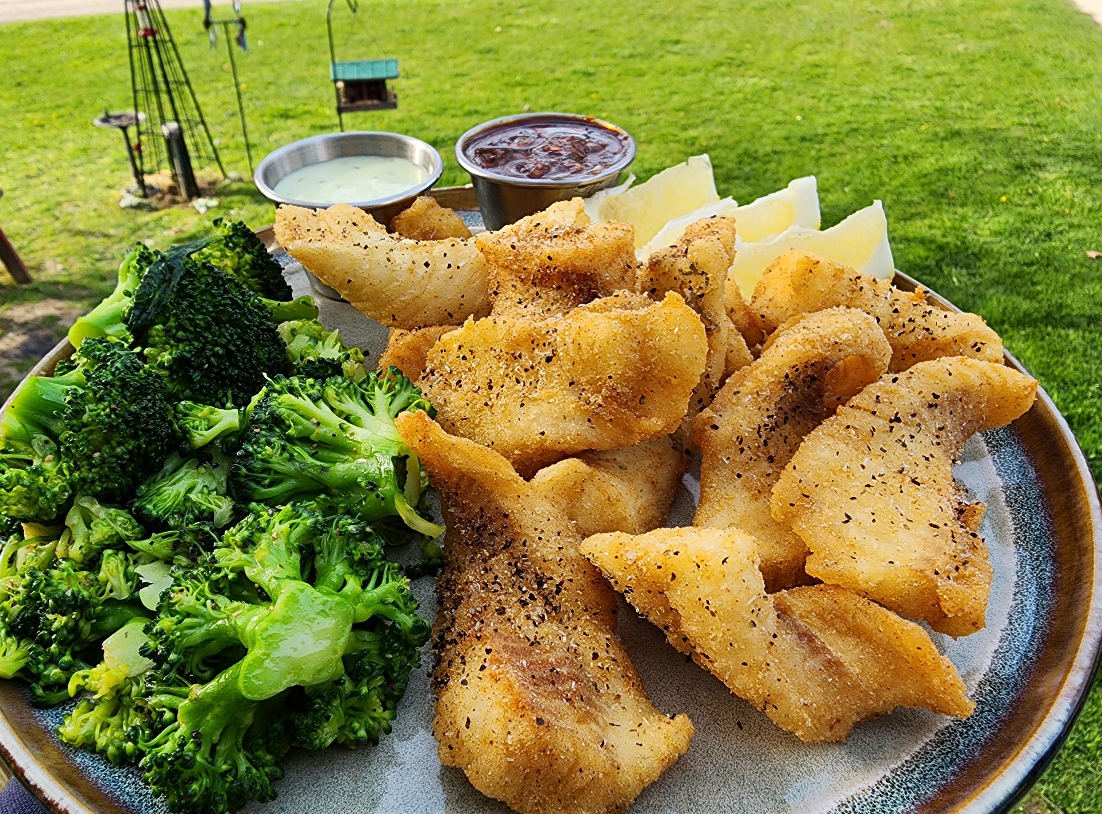 Fried fresh walleye (caught yesterday) and steamed broccoli, with ...