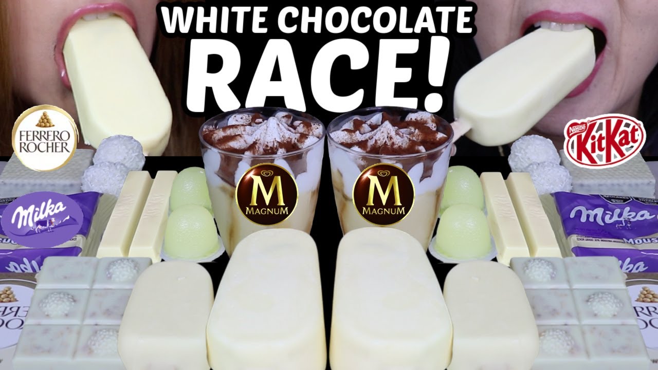 ASMR WHITE CHOCOLATE DESSERT RACE! GIANT MILKA ALFAJOR, MAGNUM ICE ...