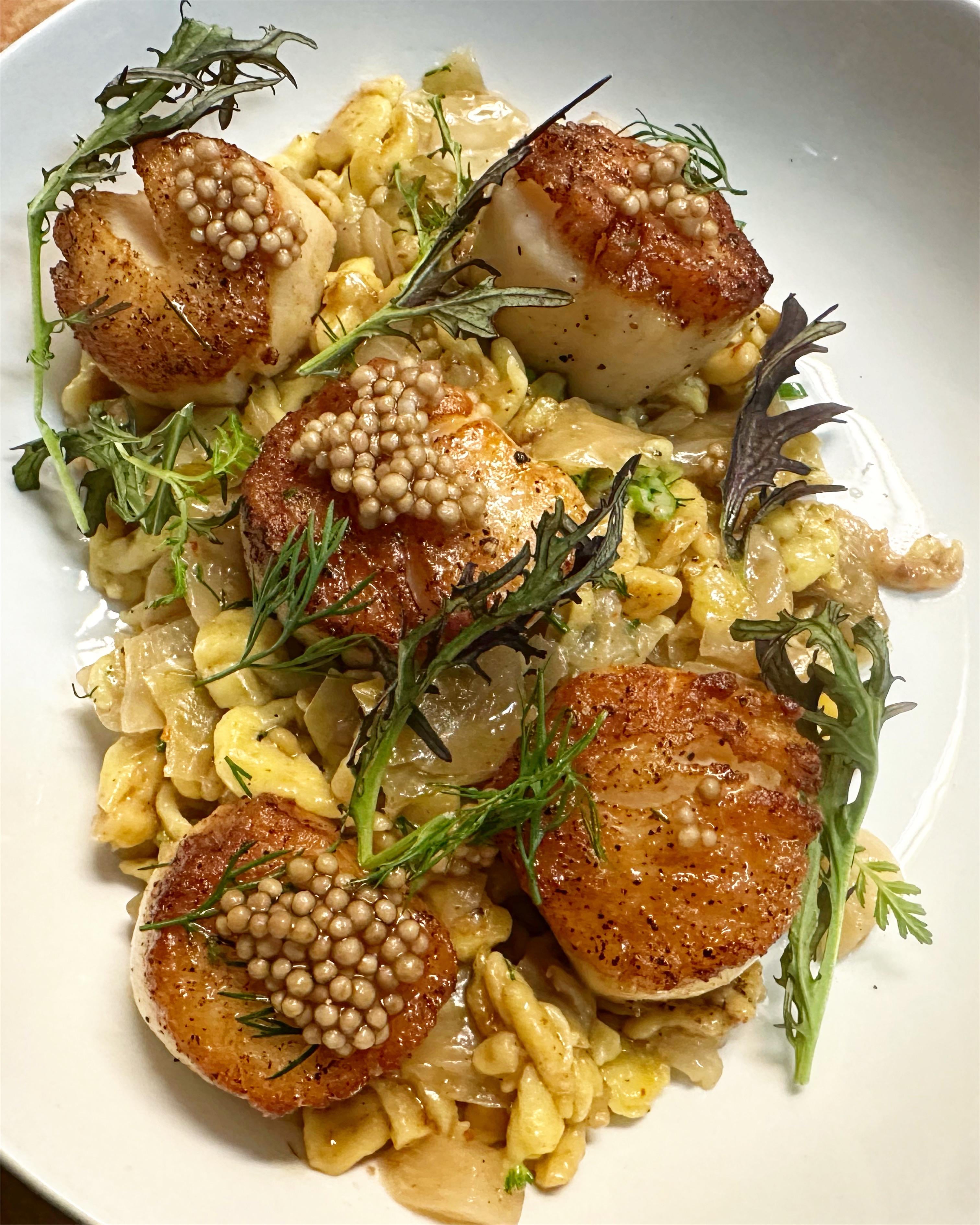Seared Scallops and Mustard Spaetzle, Braised Cabbage, Dill, Red ...