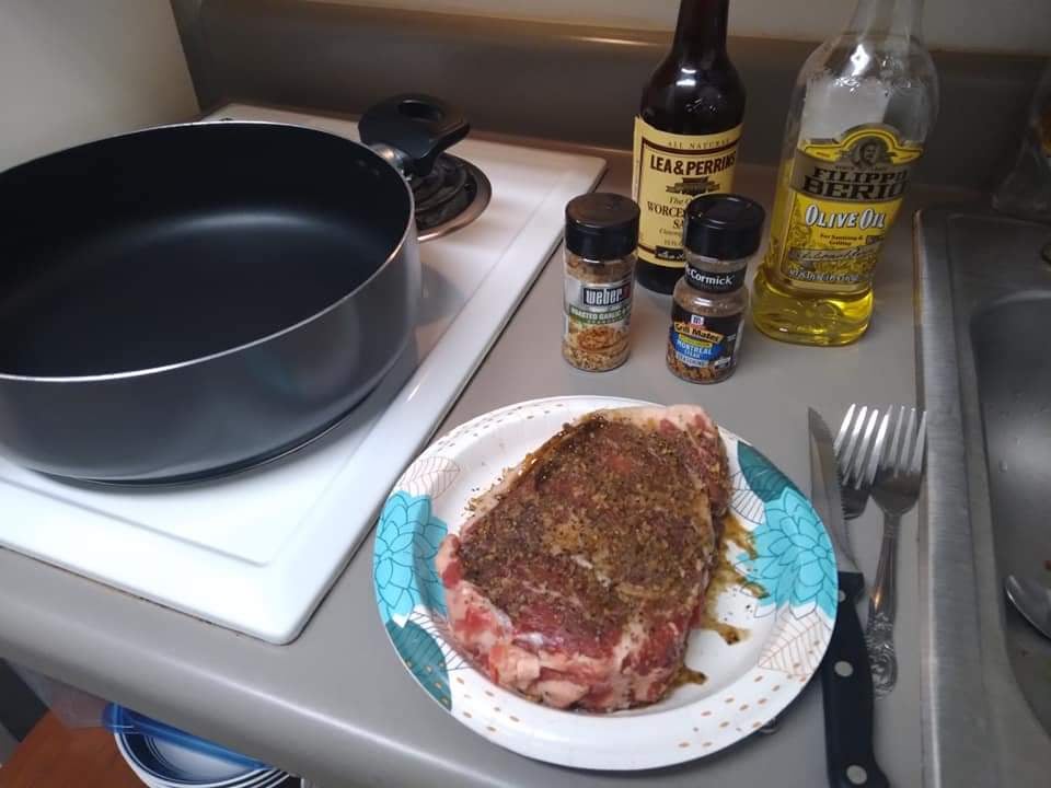 Cooked a honker of a ribeye in my hotel room. Came out pretty good ...