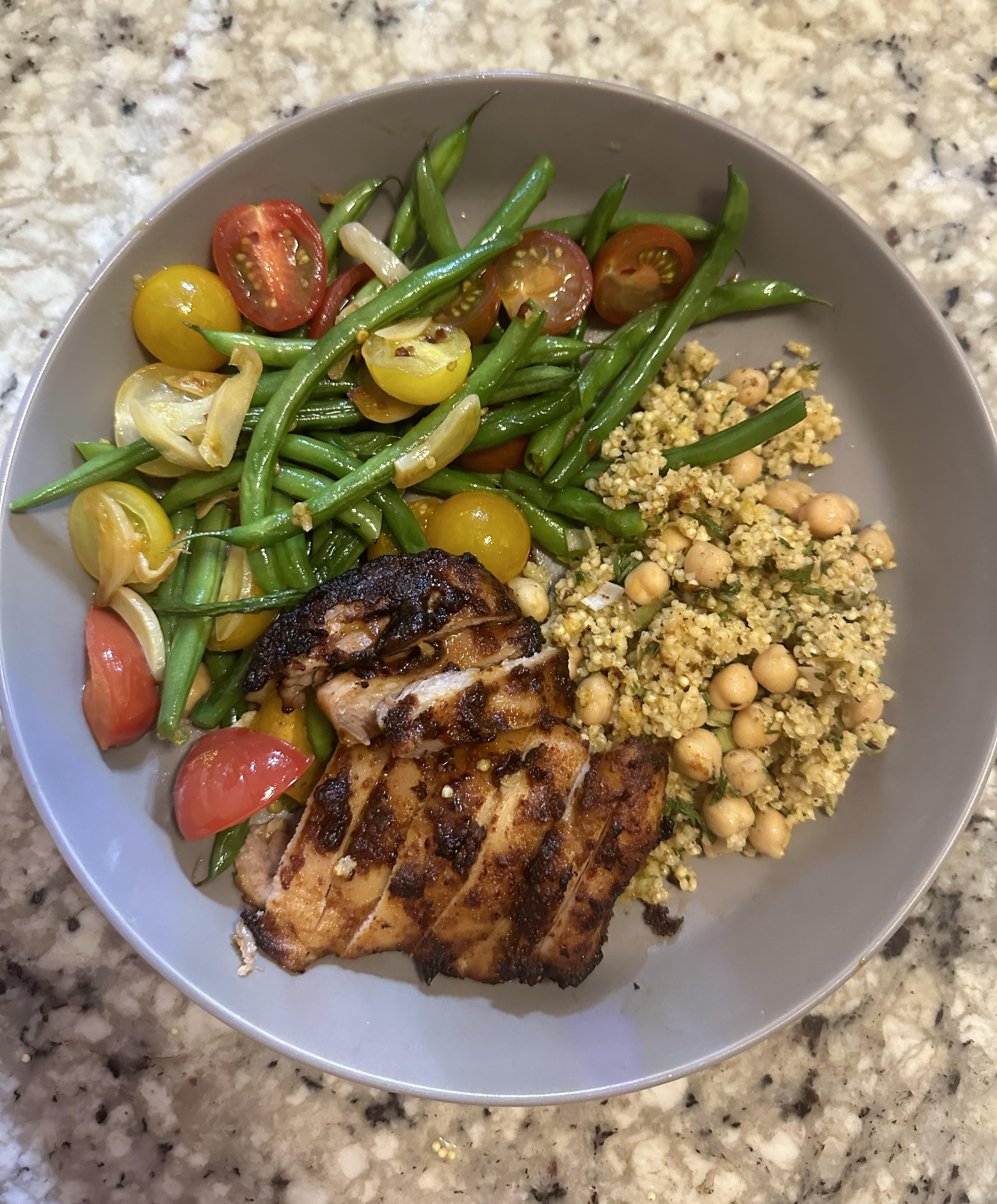 Honey harissa chicken, millet on the side, with green beans and ...