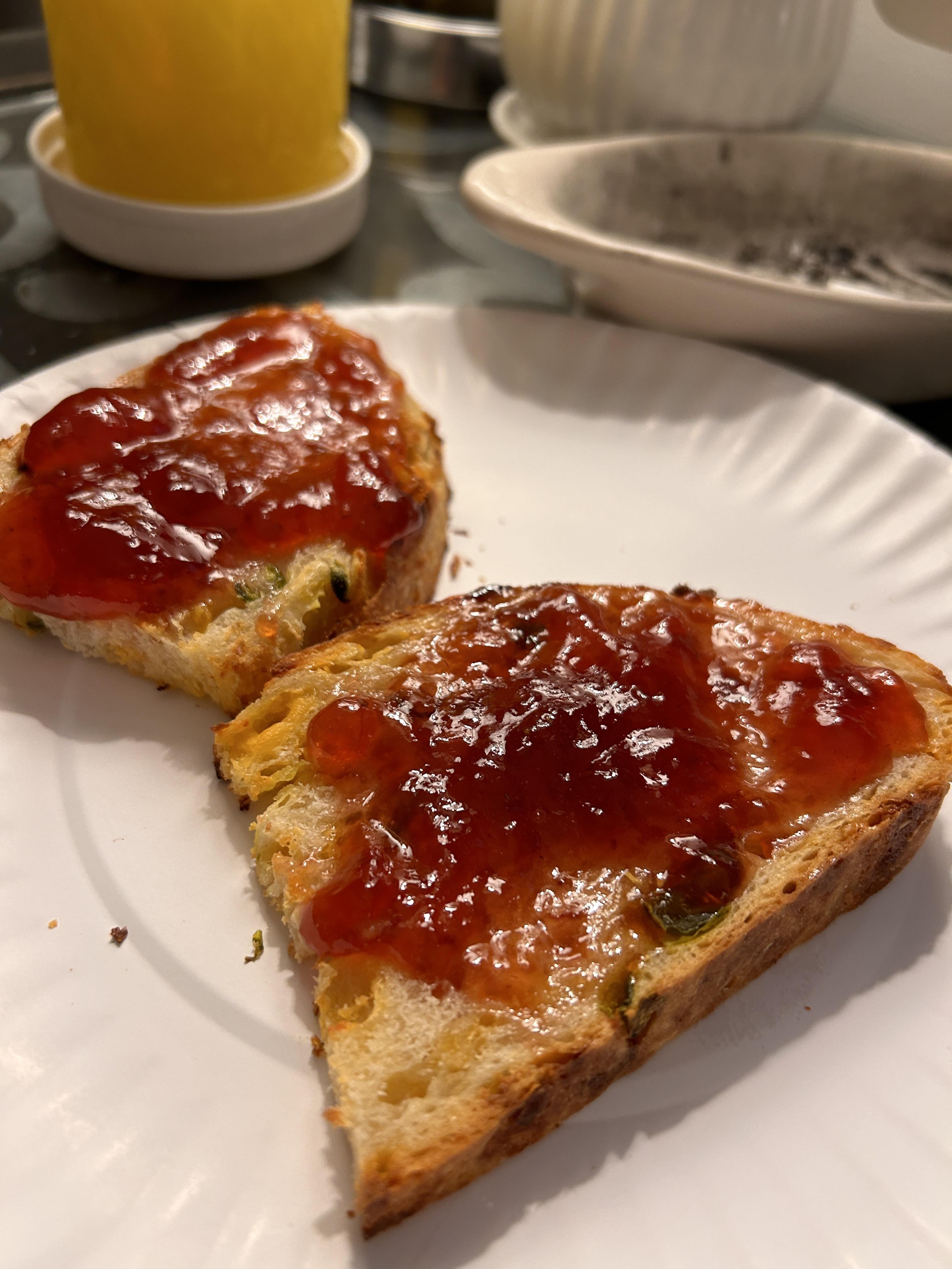 Homemade Cheddar Jalapeno Peasant Bread toasted with Strawberry Jam ...