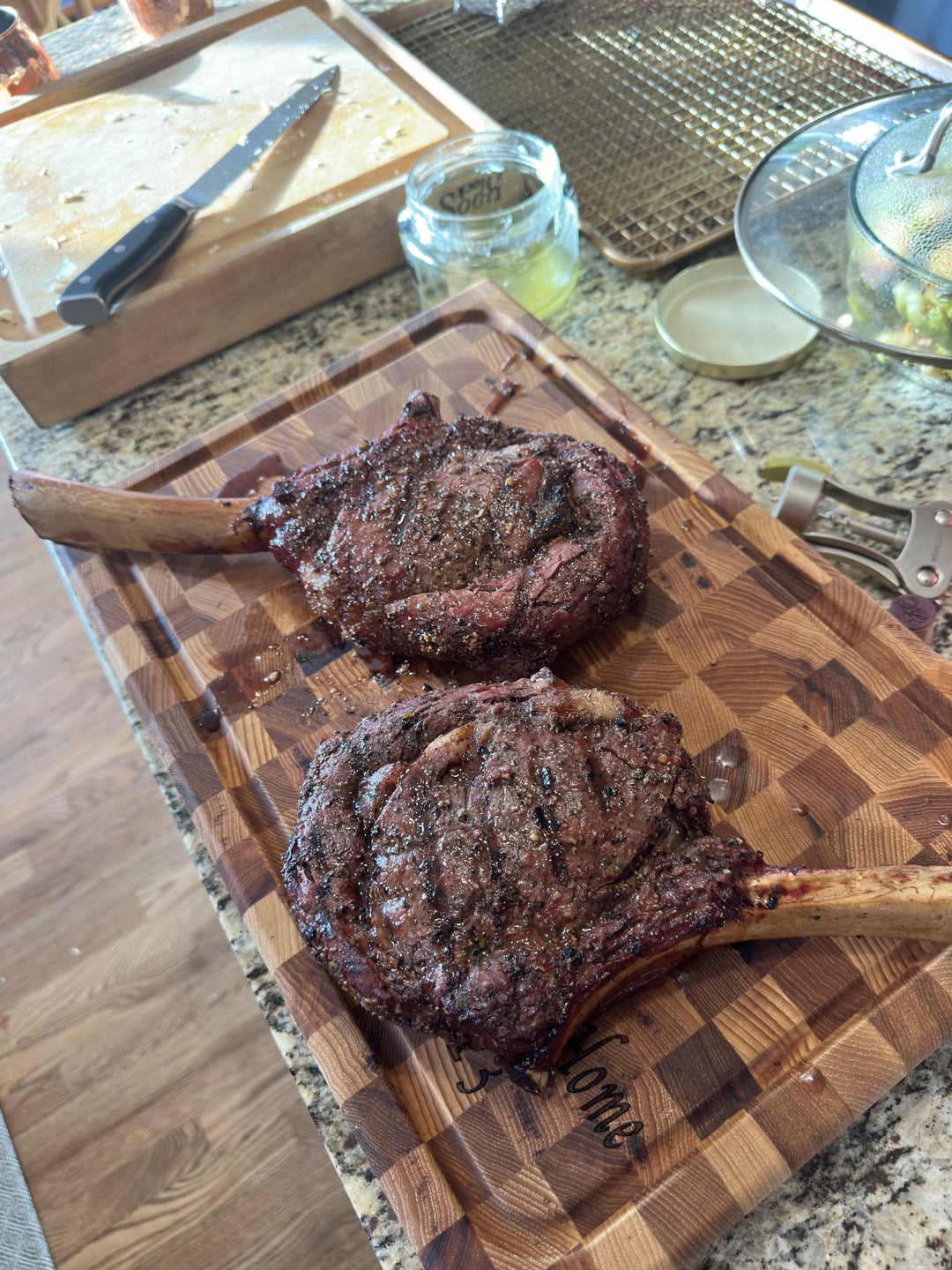 Butcher box tomahawks reverse seared on the egg - Dining and Cooking