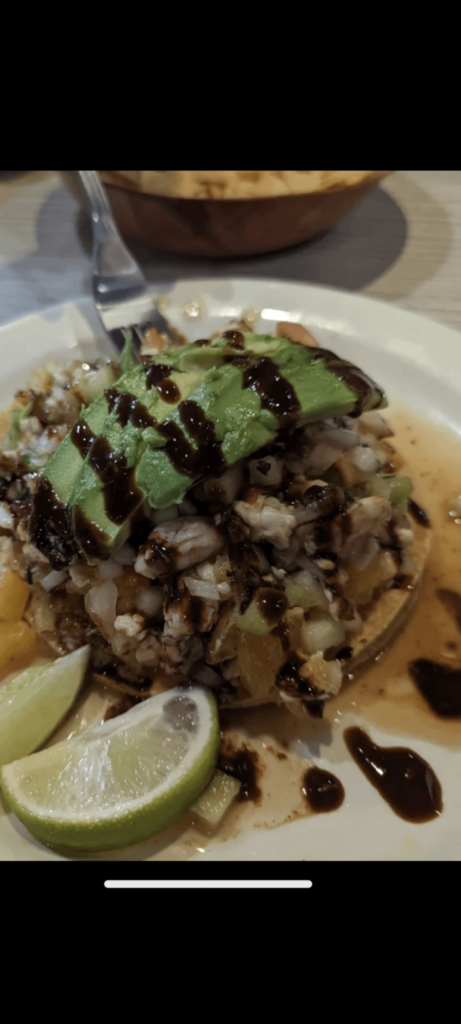 Shrimp, fish, scallop, and citrus ceviche drizzled with black hotsauce ...