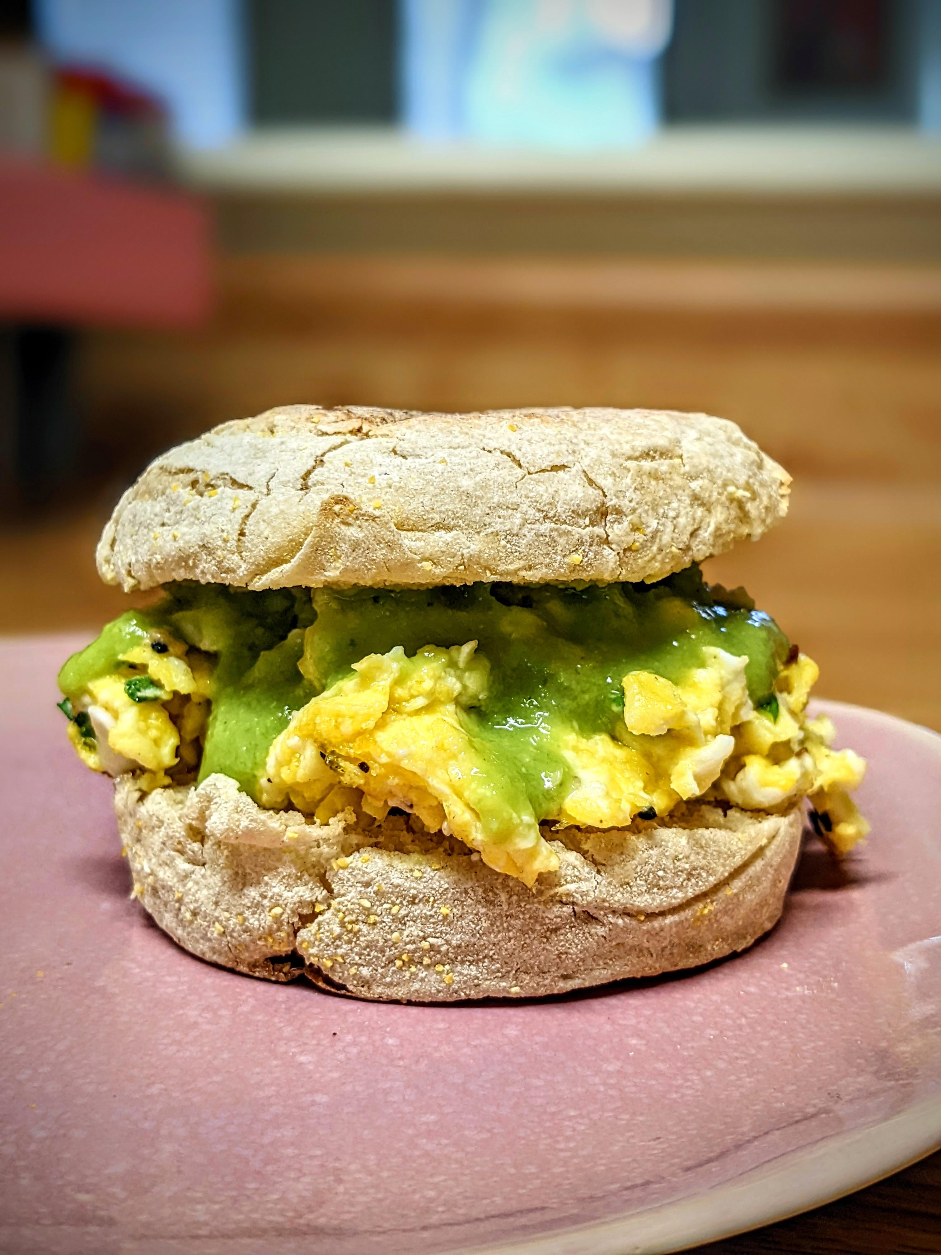 Egg sandwich with leftover Verde salsa from a local taqueria. - Dining ...