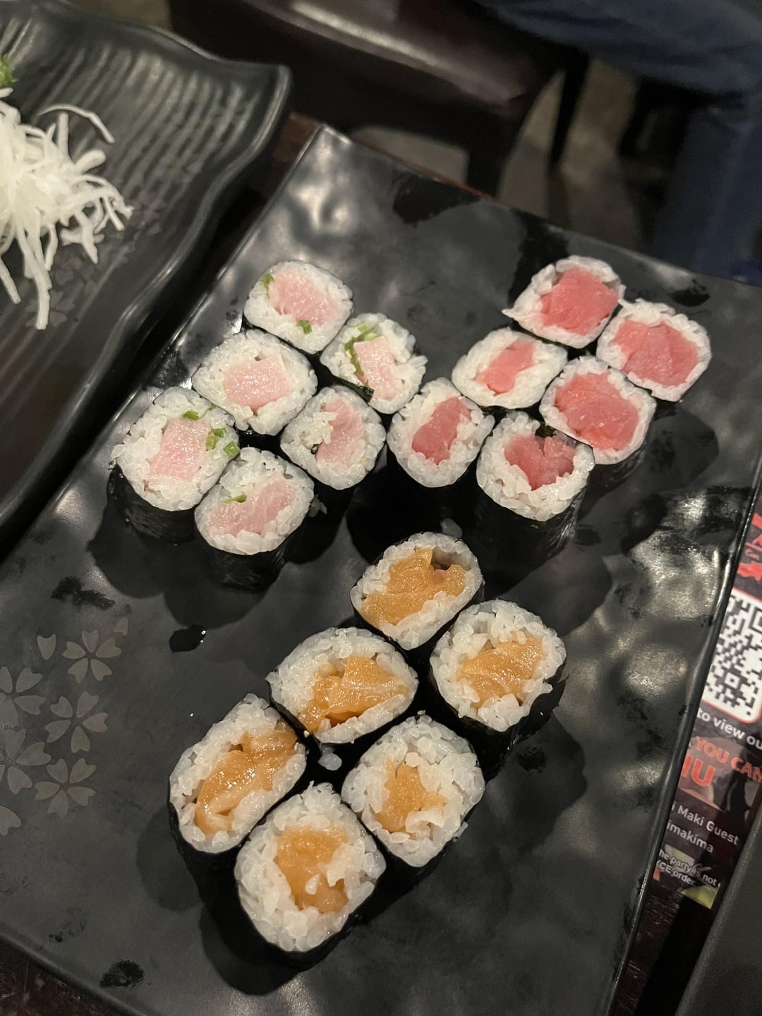 Yellowtail scallion, tuna, salmon, salmon avocado maki - Dining and Cooking