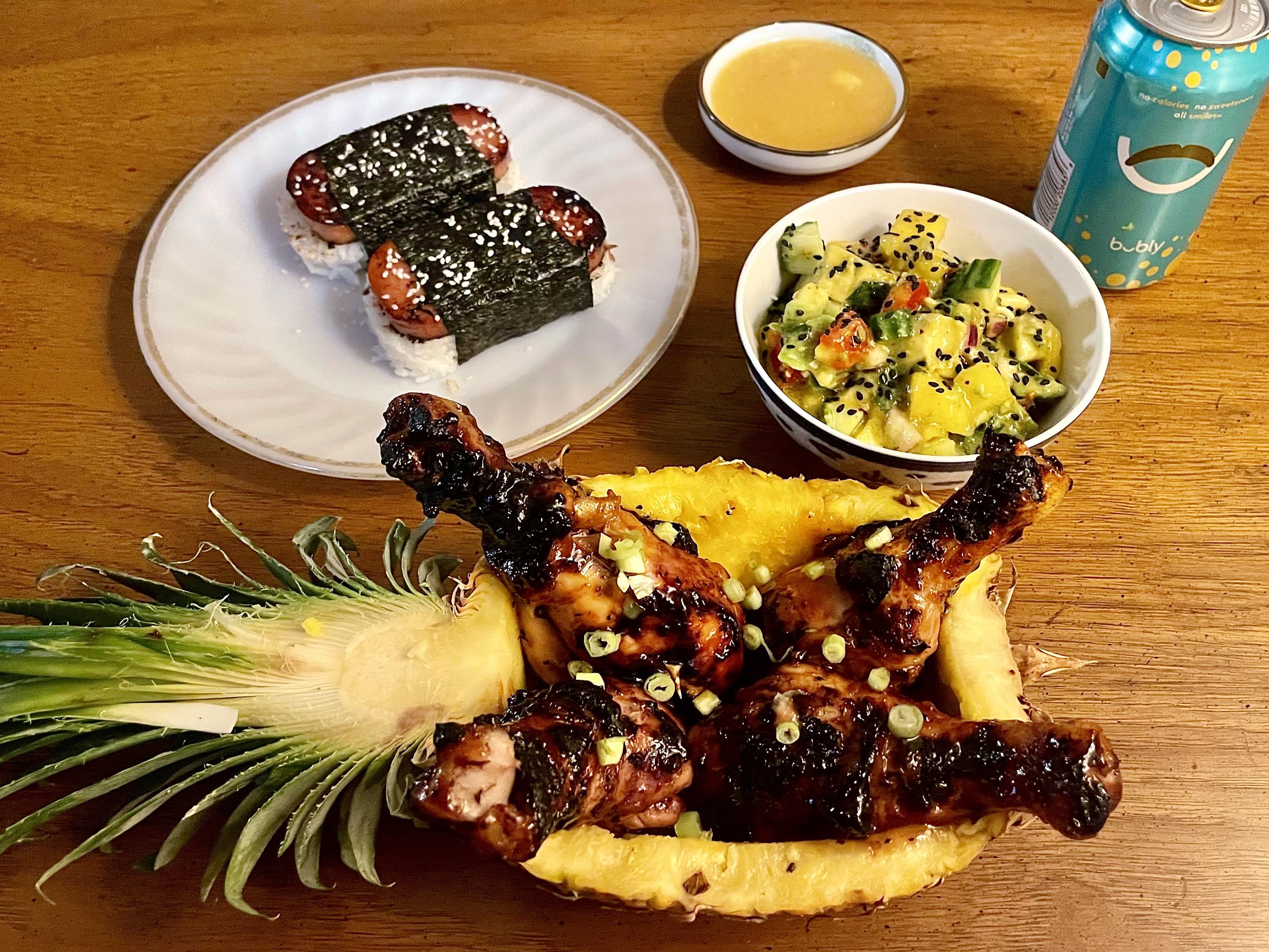 I made Huli Huli chicken, mango avocado salad, and spam musubi. - Dining and Cooking