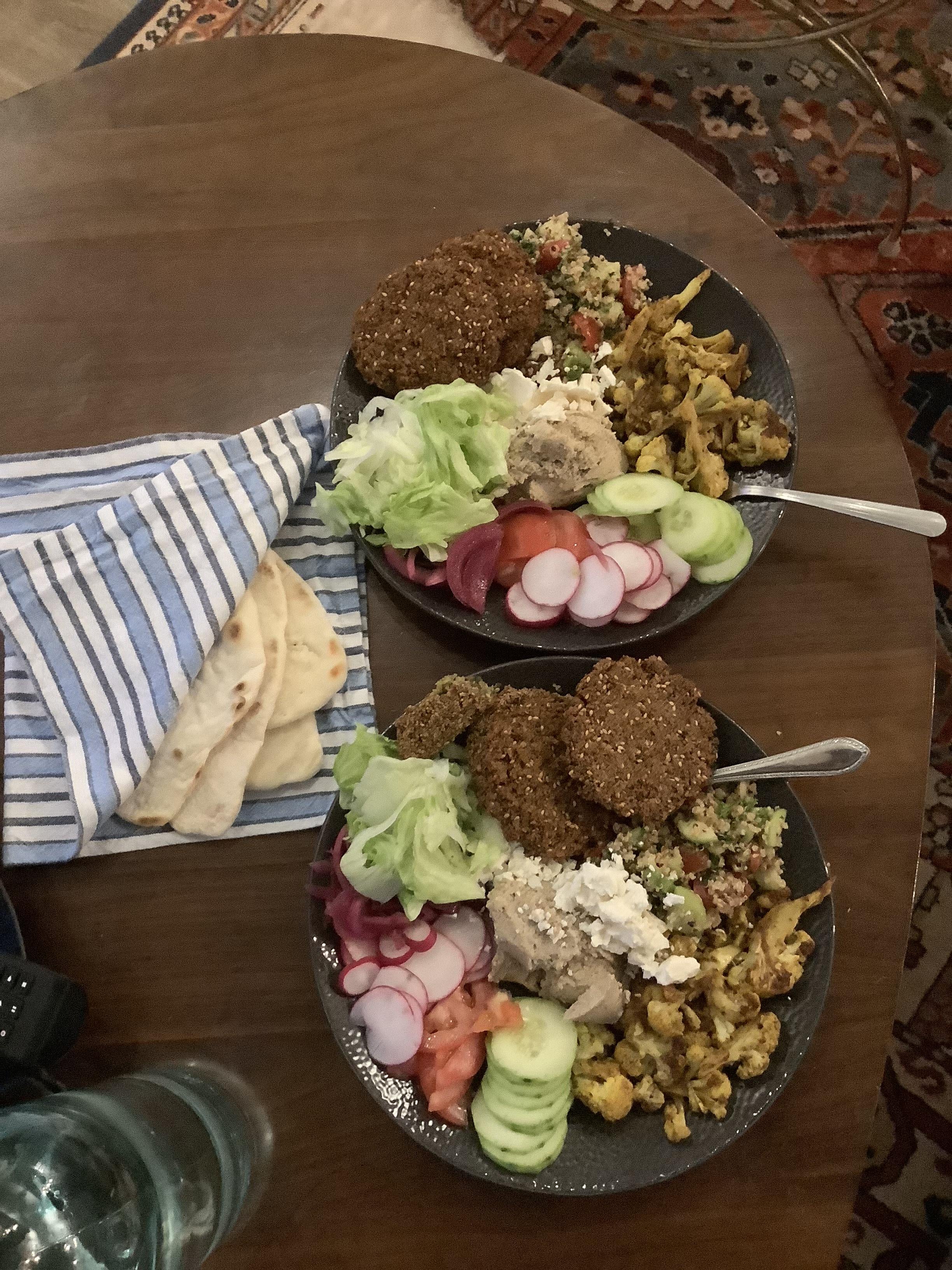 Home made wrap bread, falafel, hummus, curried cauliflower, pickled red ...