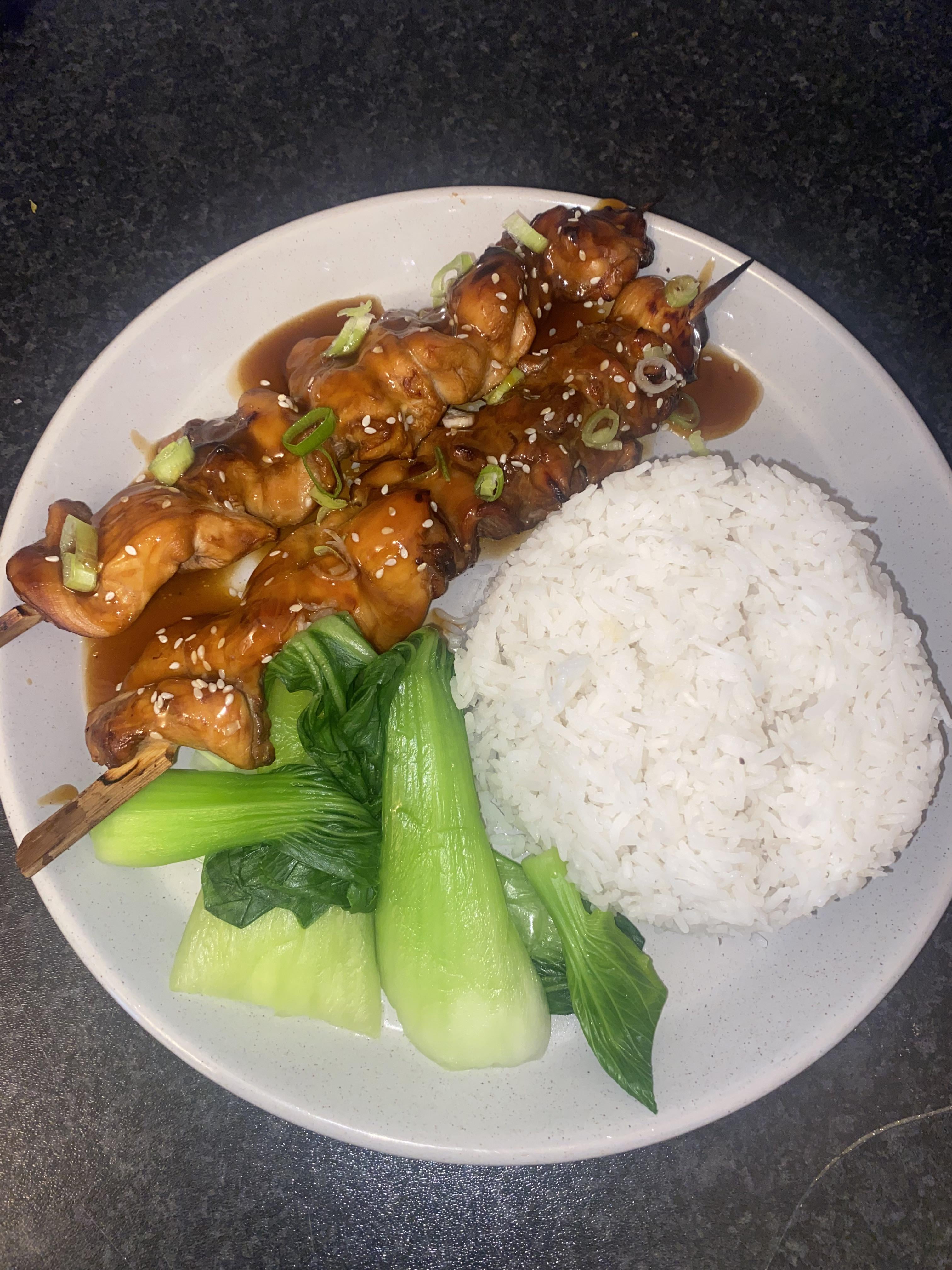 Teriyaki chicken skewers, rice, and pak choi - Dining and Cooking