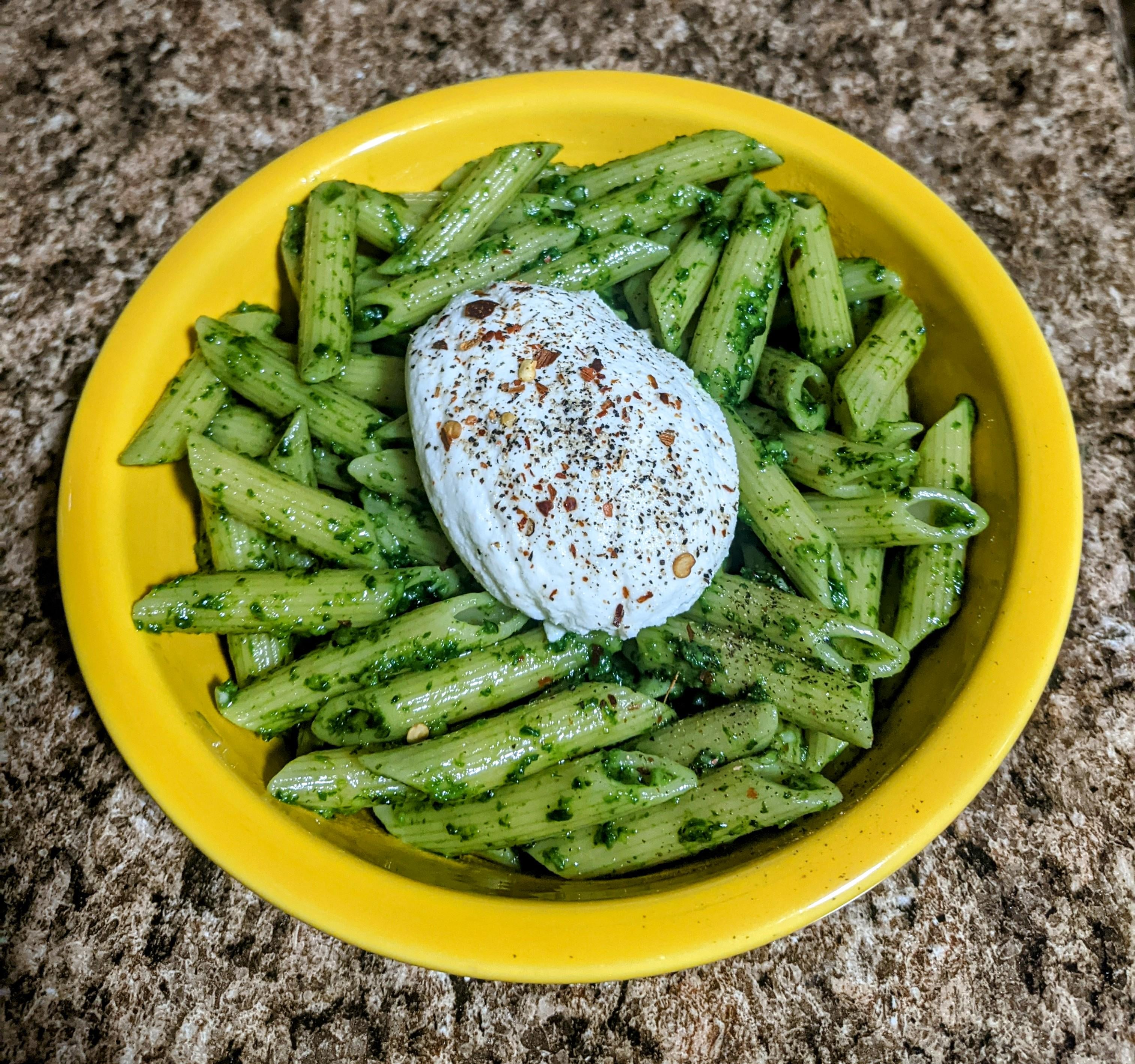 Penne with a spinach garlic sauce & a dollop of ricotta. - Dining and ...