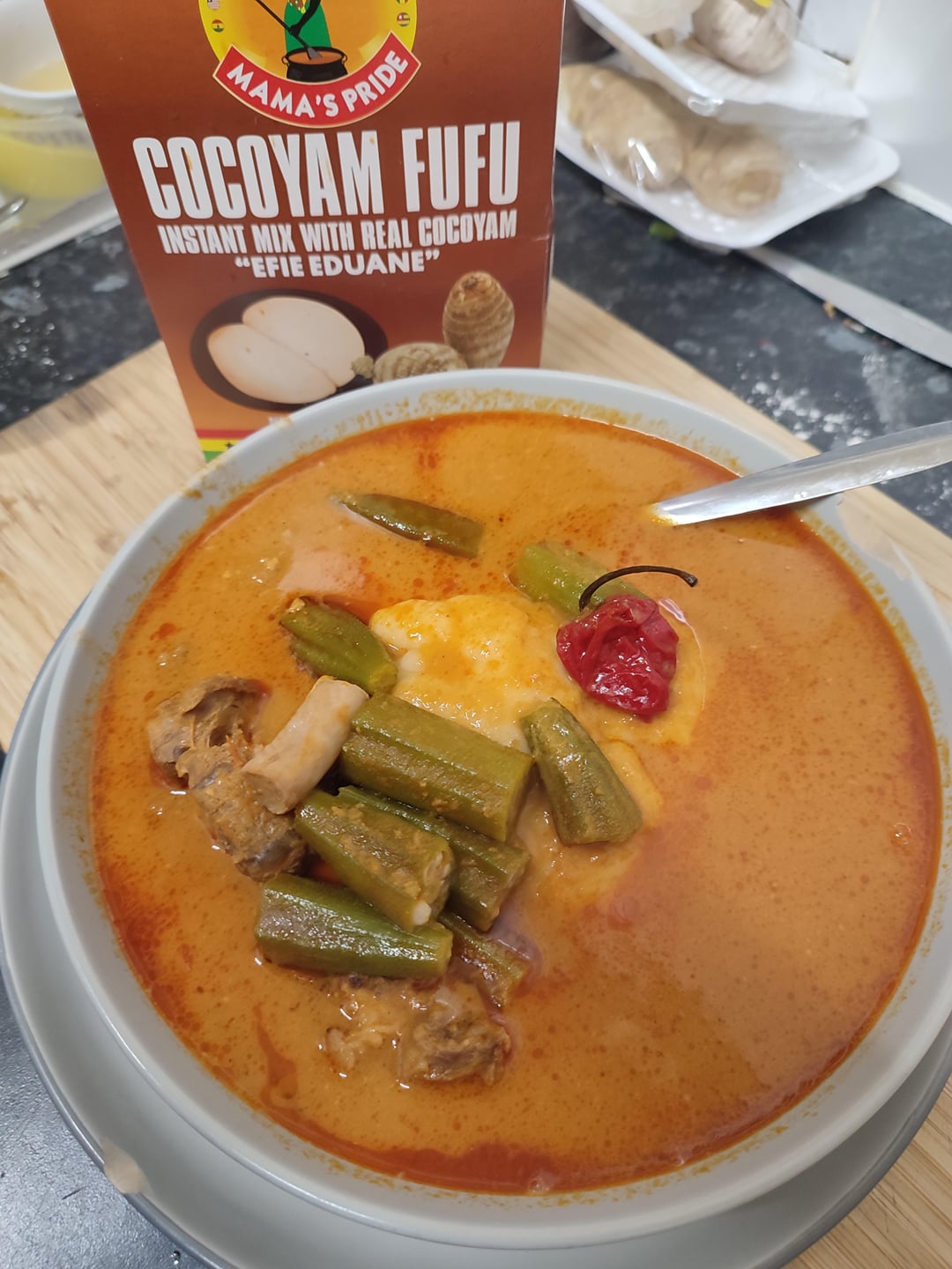 A favourite of mine growing up. Ghanaian peanut soup with fufu, okra ...