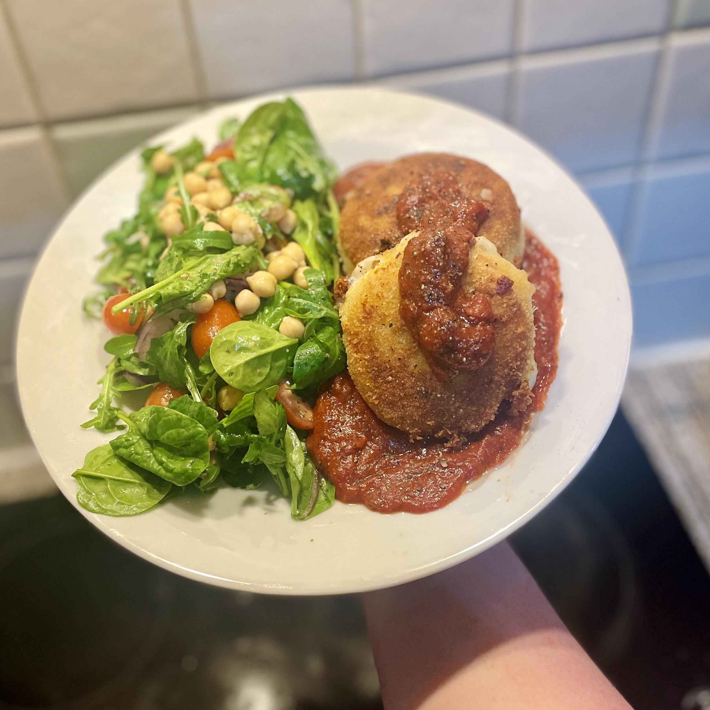 Potato Bombas and chick pea and spinach salad - Dining and Cooking