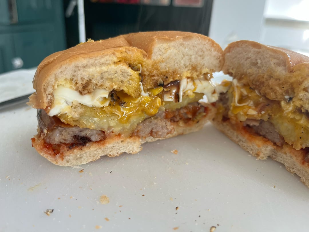 pork and black pudding sausage, cheap hash brown, egg, HP, barm. Today ...