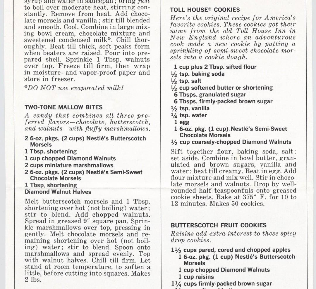 Nestlé's Morsels + Diamond Walnut Recipes Pamphlet (1968) - Dining and ...